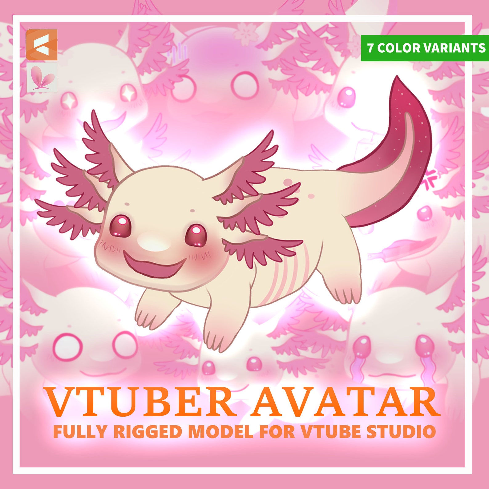 CUSTOMIZABLE AXOLOTL VTUBER Mascot Avatar - With Expressions - Rigged ...