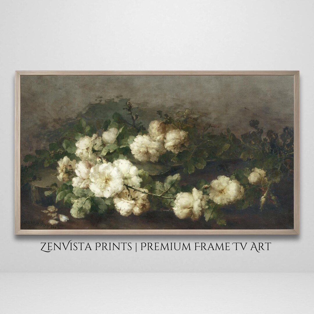 Vintage Floral Frame Tv Art White Roses Painting | Moody Floral ...
