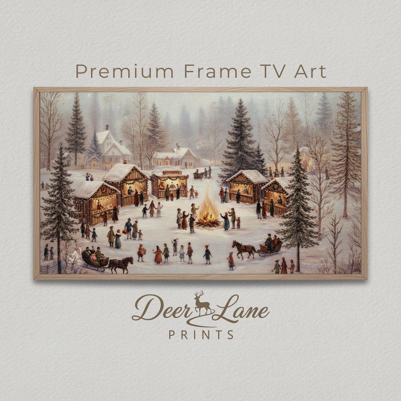 Vintage Christmas Market Frame TV Art, Snowy Village Fair TV ...