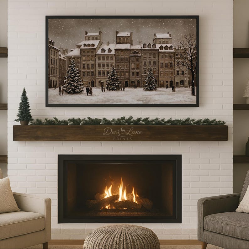 Moody Christmas Village Frame TV Art: Vintage Snowy Town Square Winter ...