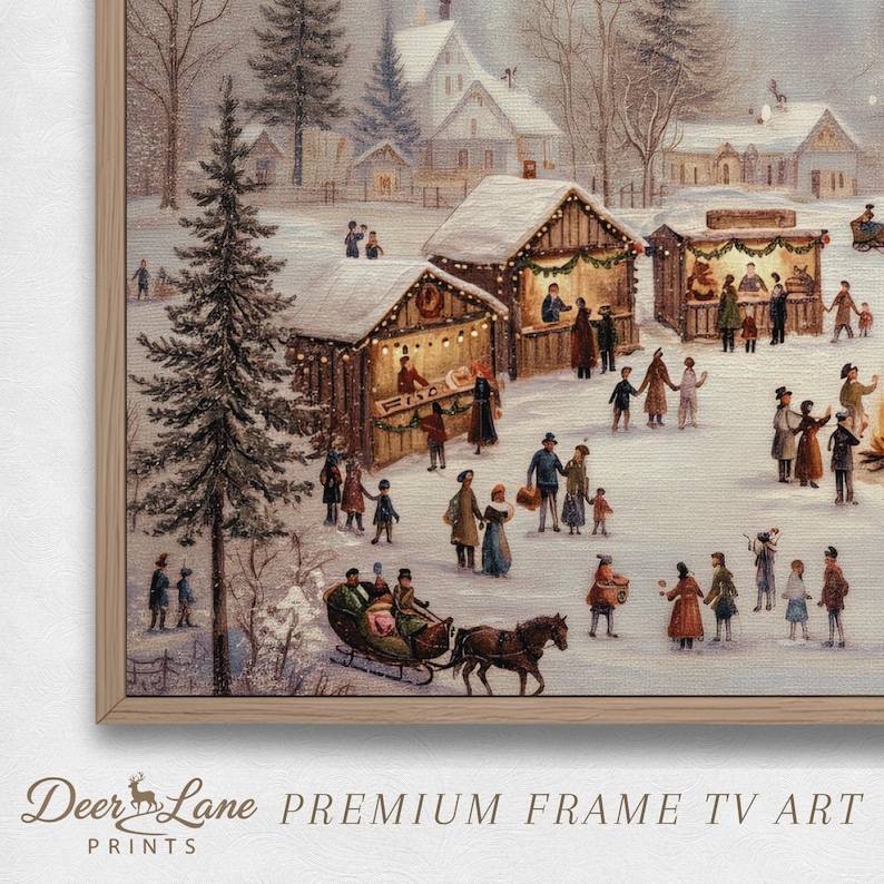 Vintage Christmas Market Frame TV Art, Snowy Village Fair TV ...