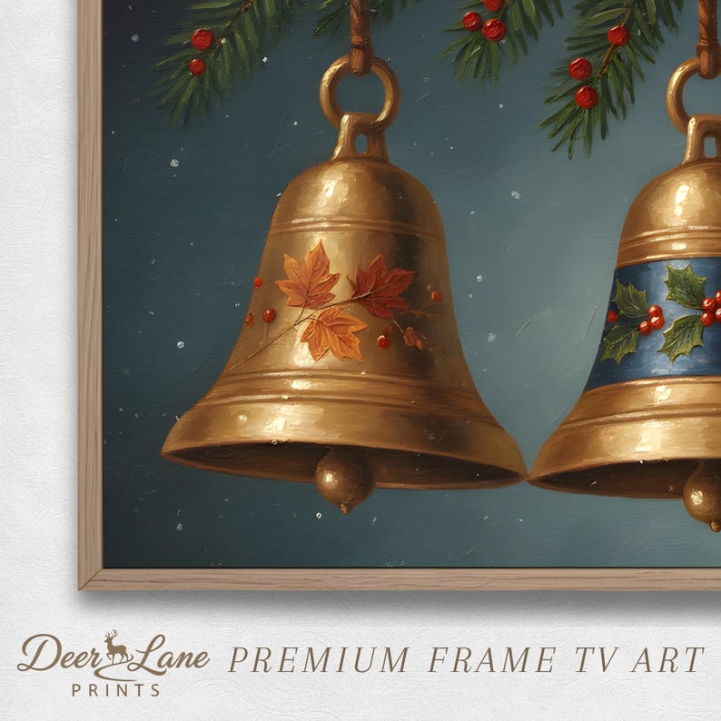 Golden Christmas Bells Frame TV Art, Holly Pine Holiday Jingle Bell ...