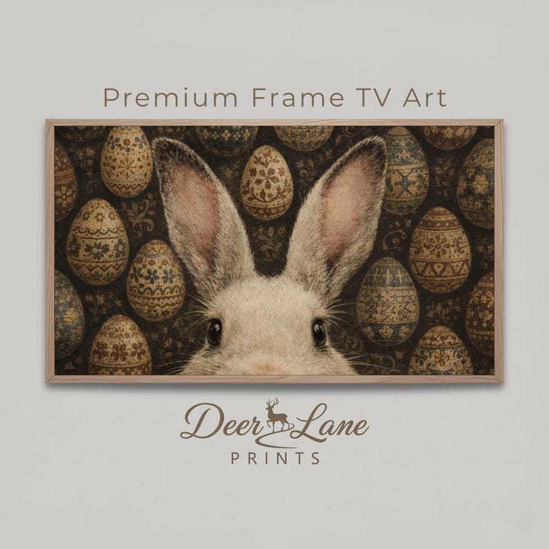 Dark Vintage Easter Bunny Frame TV Art, Moody Rabbit Patterned Eggs TV ...