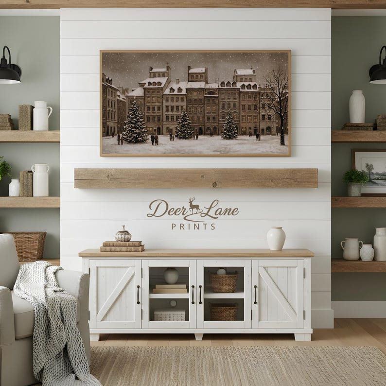 Moody Christmas Village Frame TV Art: Vintage Snowy Town Square Winter ...