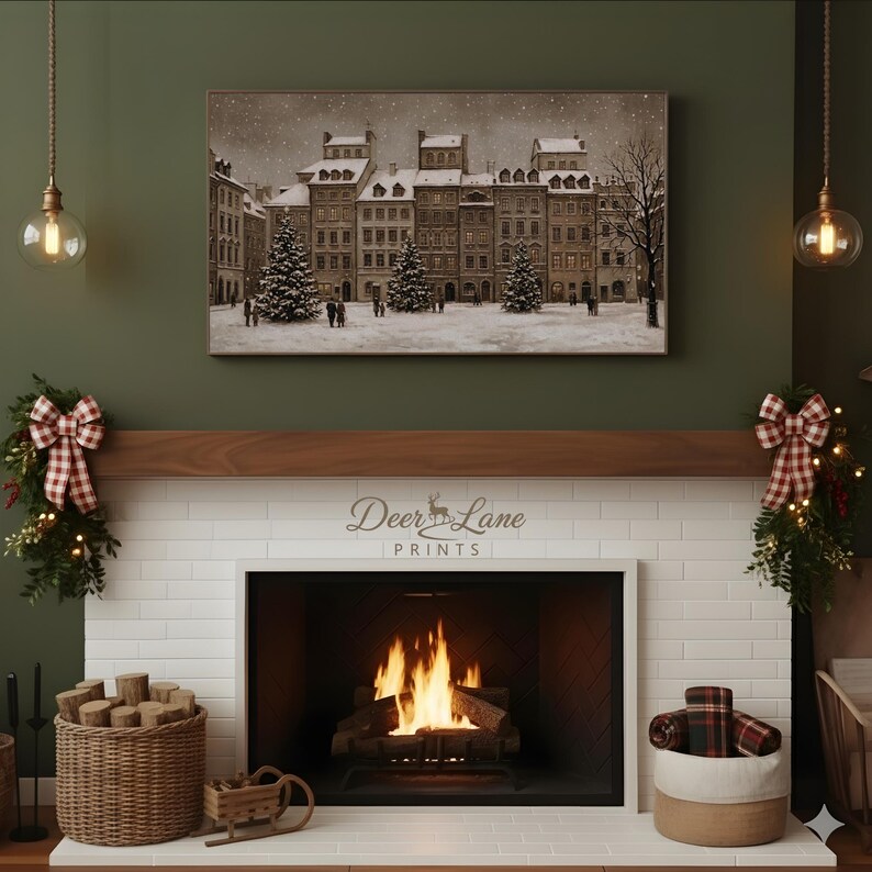 Moody Christmas Village Frame TV Art: Vintage Snowy Town Square Winter ...