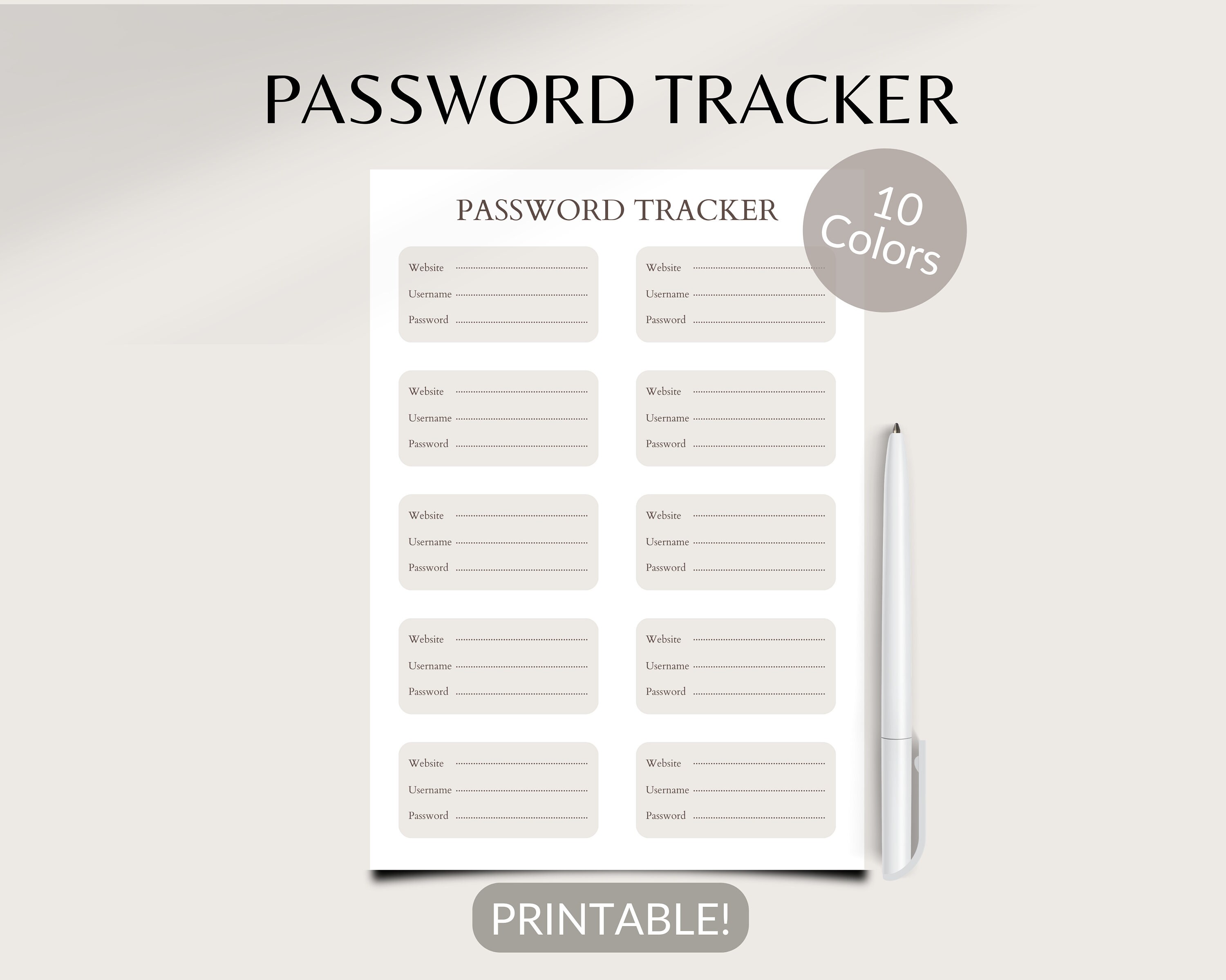 Aesthetic Password Tracker, English Version, 10 Colors, Printable - Etsy