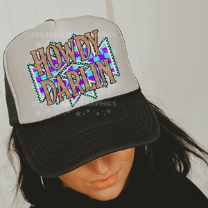 Howdy Darlin Faux Trucker Patch Png Design, Checkered Trucker Hat Patch ...