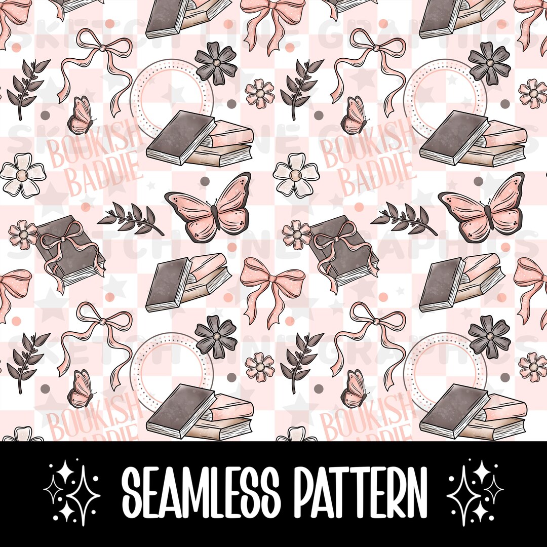 Bookish Baddie Pink Checkered Coquette Bows Seamless, Bookish Girly ...