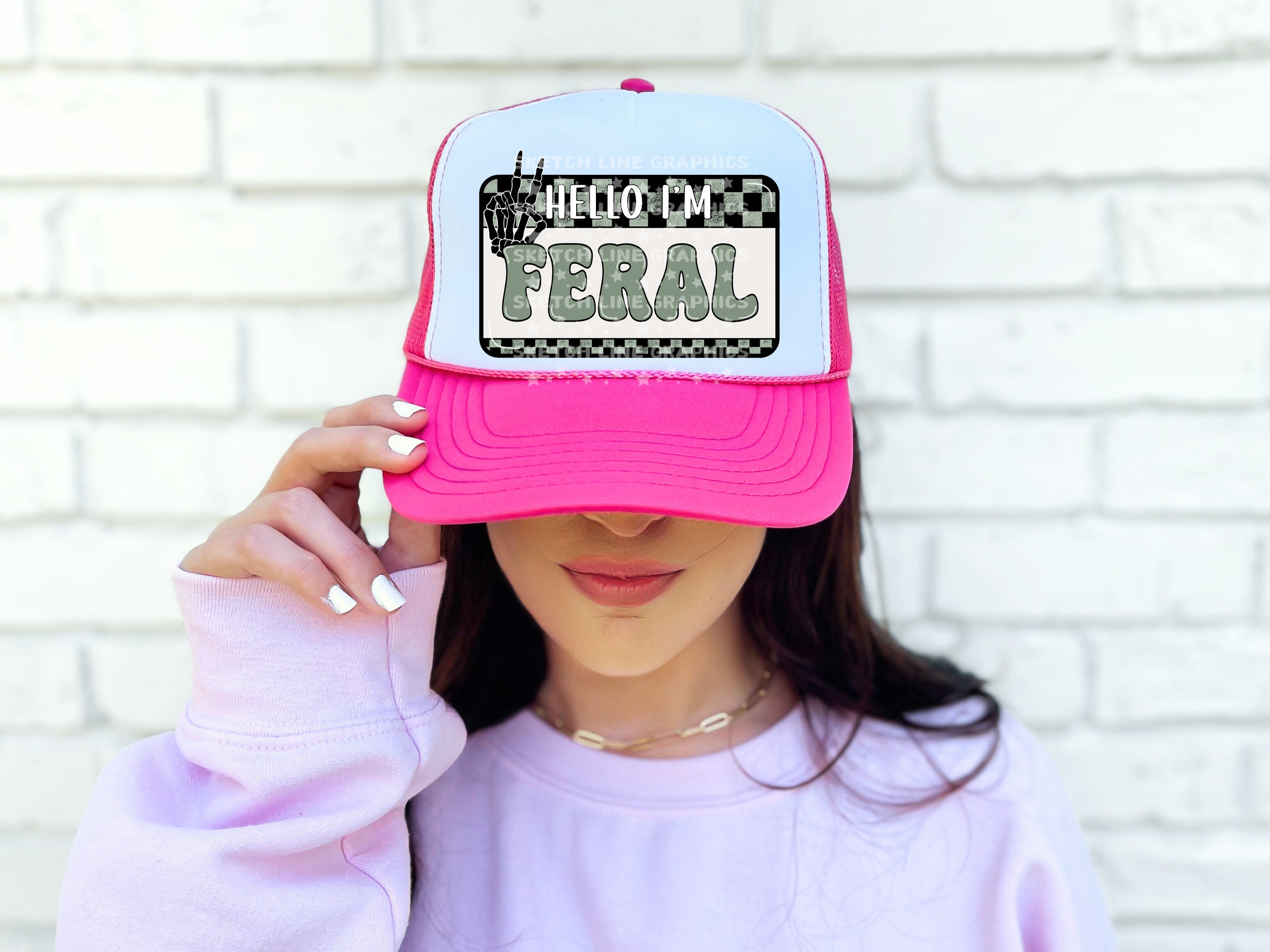 Hello I'm Feral Patch Png Design, Checkered Trucker Hat Patch Png ...