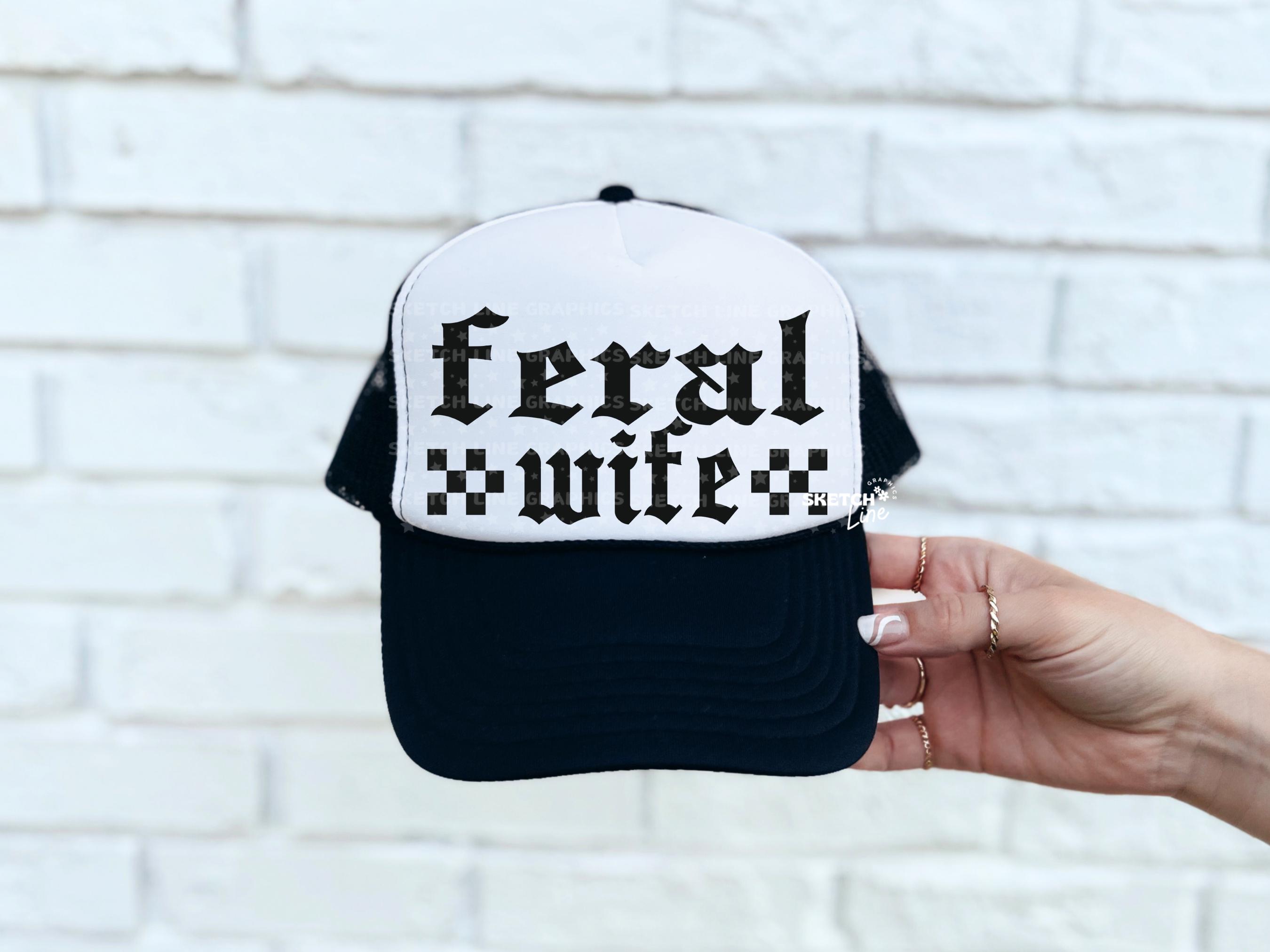 Feral Wife Trucker Hat Patch Png Design, Checkered Trucker Hat Patch ...