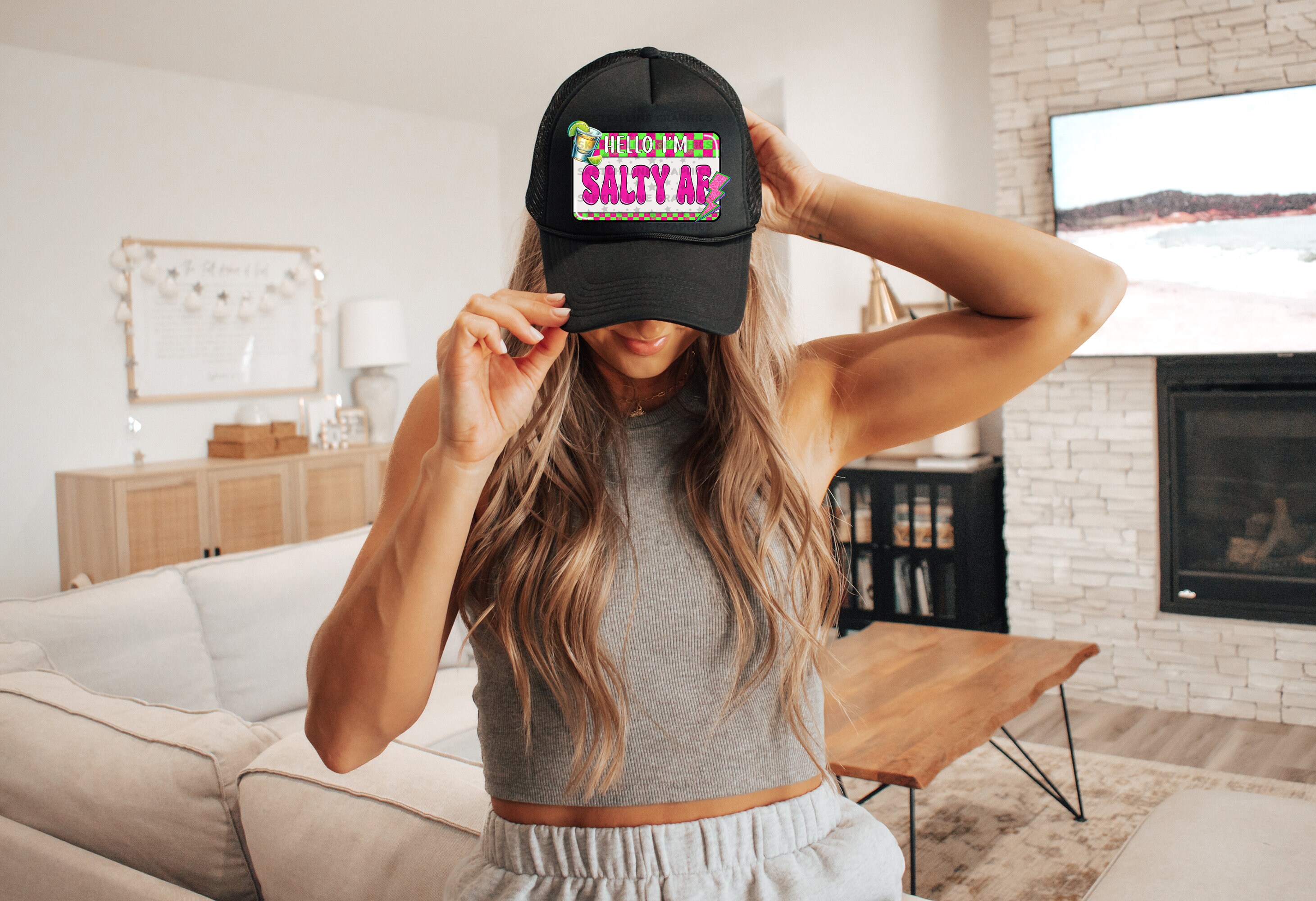 Hello I'm Salty AF Patch Png Design, Checkered Trucker Hat Patch Png ...
