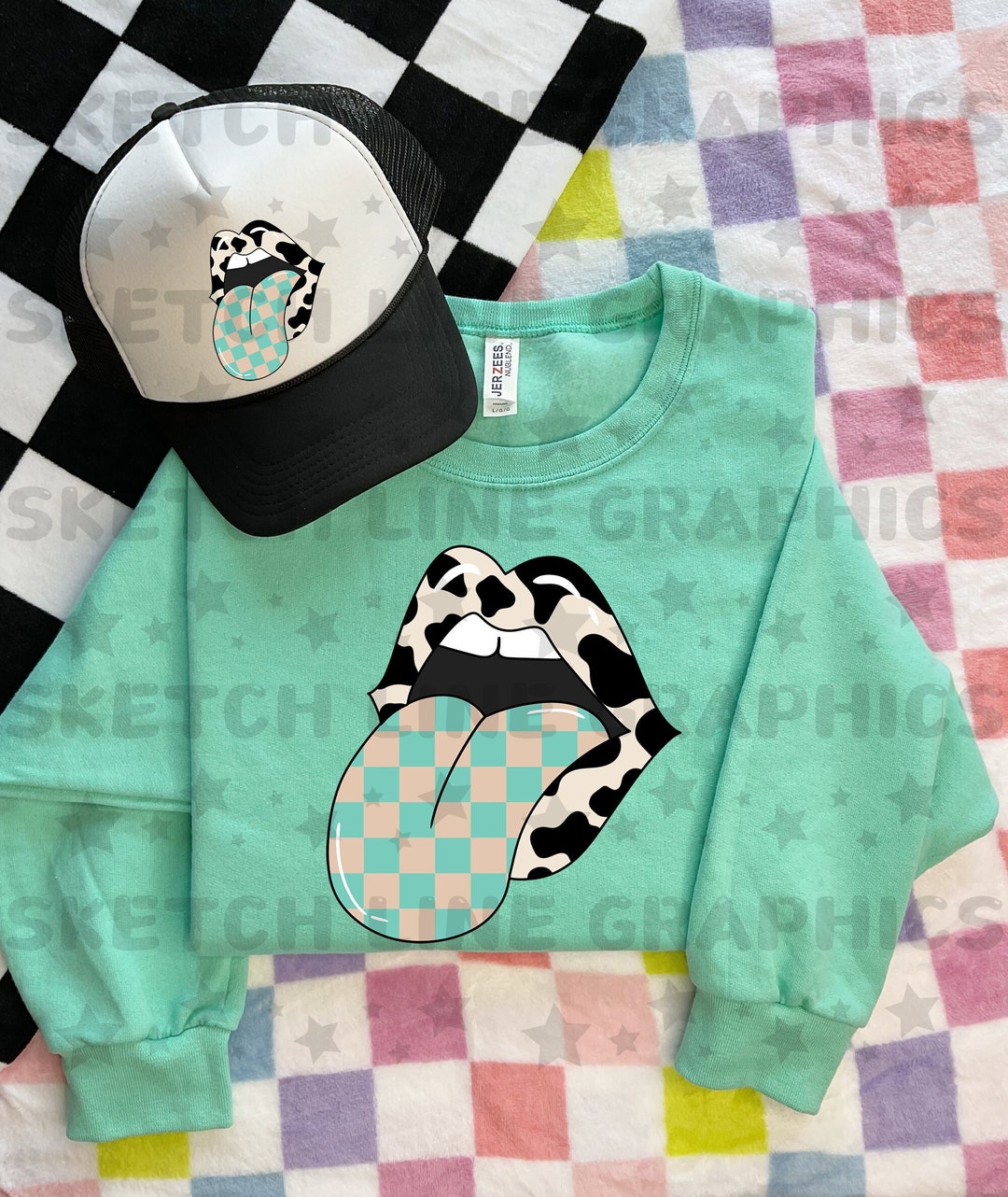 Cow Print Checkered Rocker Tongue Patch Png Design, Western PNG for ...