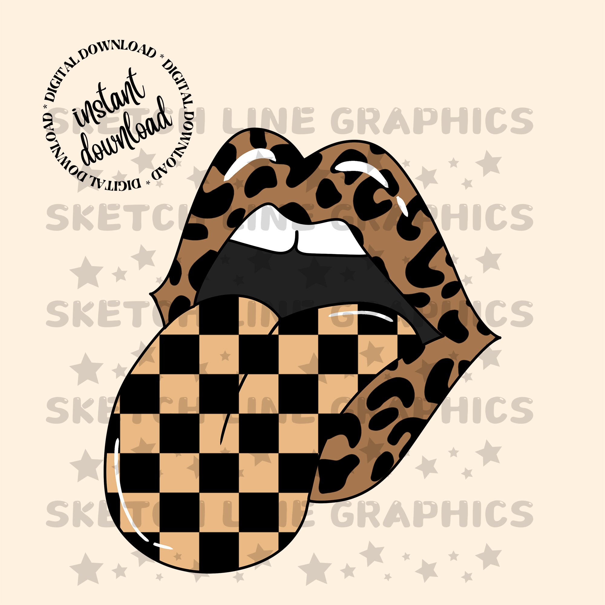 Leopard Print Checkered Rocker Tongue Patch Png Design, PNG Digital for ...