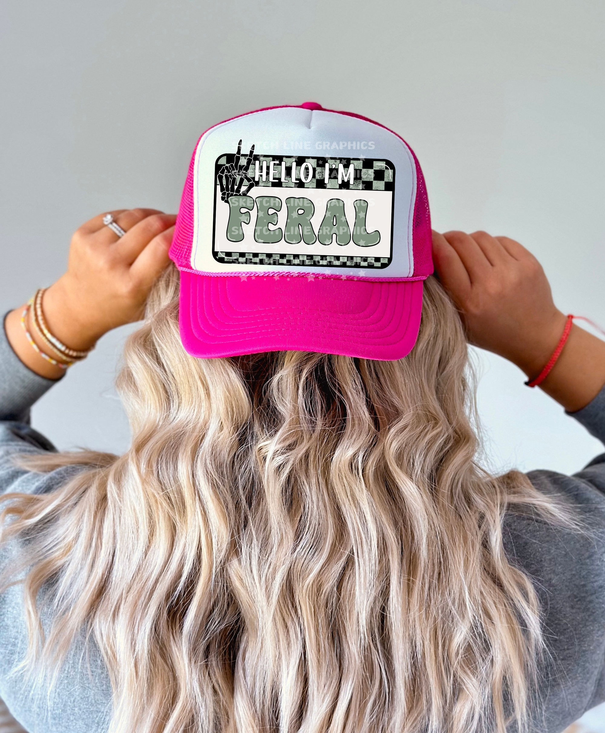 Hello I'm Feral Patch Png Design, Checkered Trucker Hat Patch Png ...