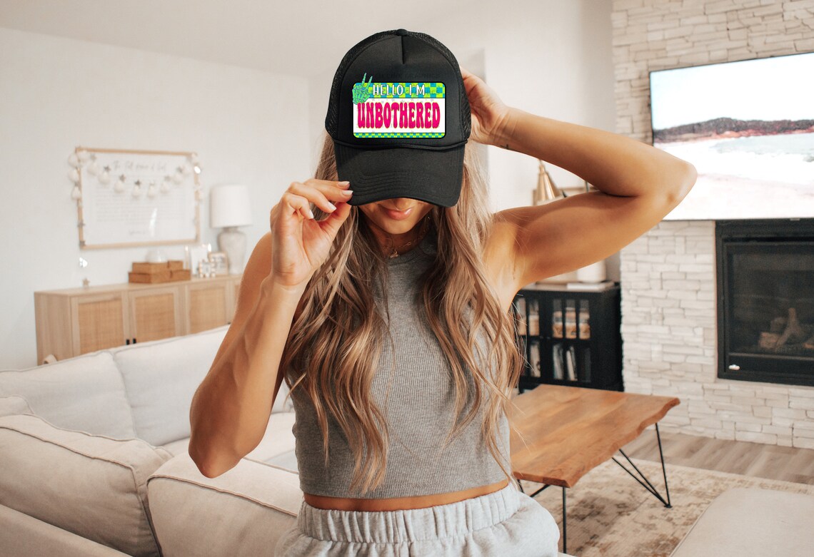 Unbothered Trucker Hat Patch Png Design, Trendy Neon Trucker Hat Patch Png Name Tag, Funny Png ...