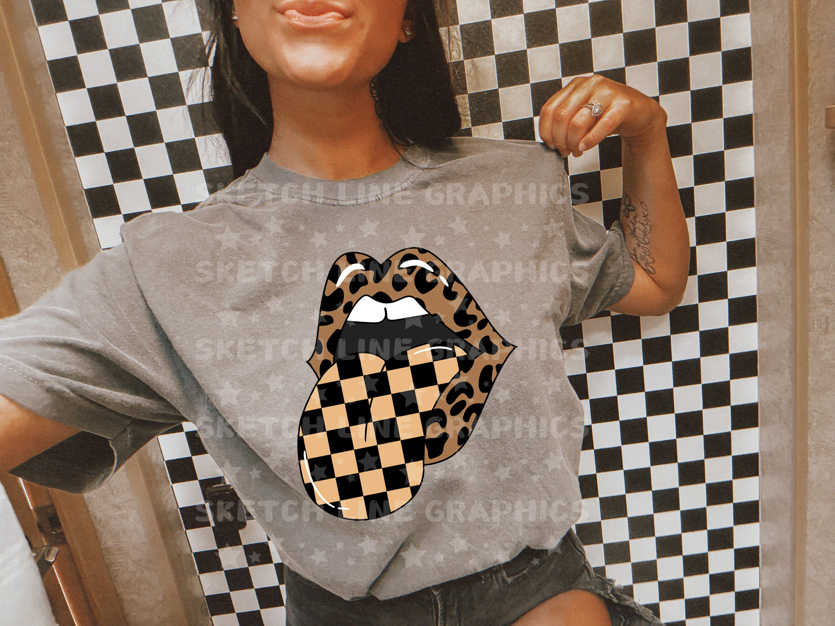 Leopard Print Checkered Rocker Tongue Patch Png Design, PNG Digital for ...