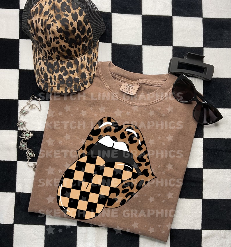 Leopard Print Checkered Rocker Tongue Patch Png Design, PNG Digital for ...