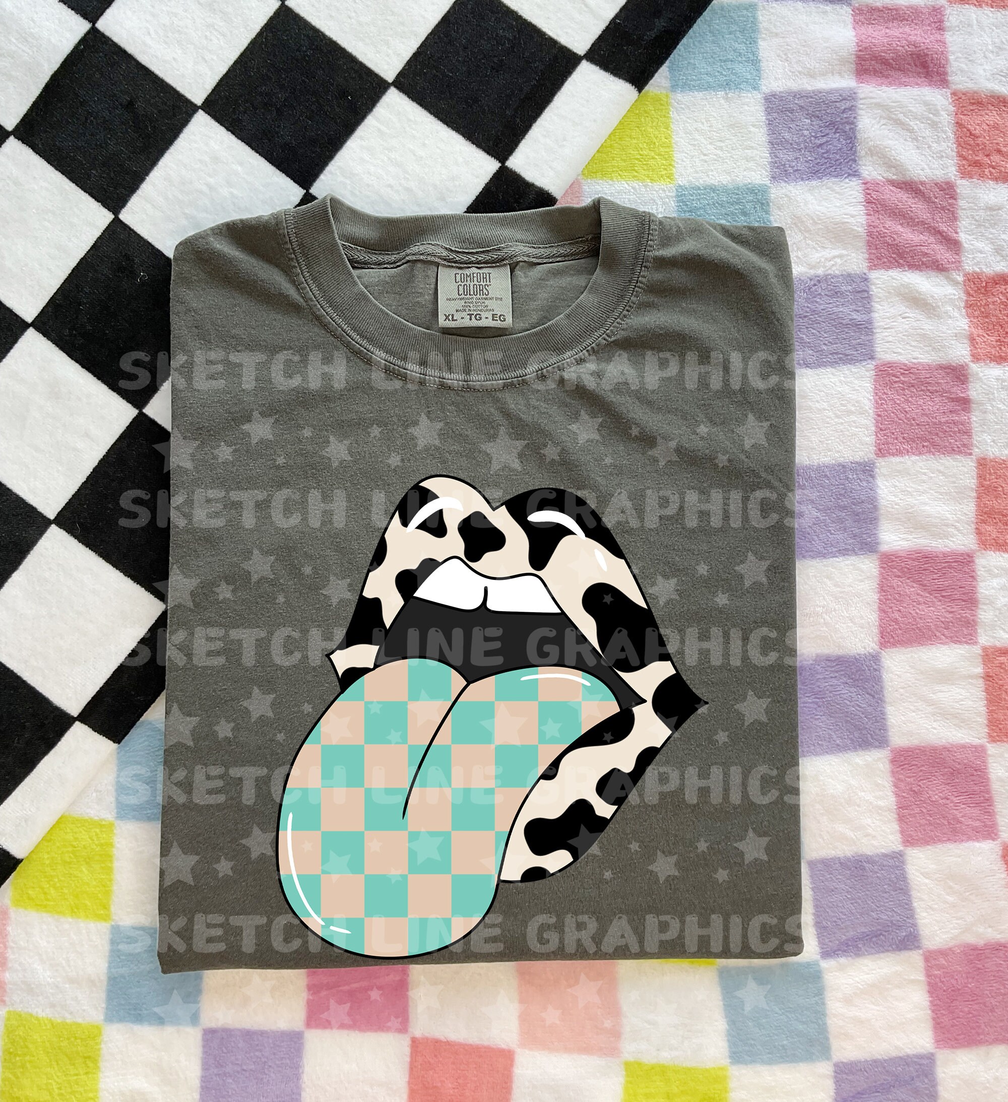 Cow Print Checkered Rocker Tongue Patch Png Design, Western PNG for ...