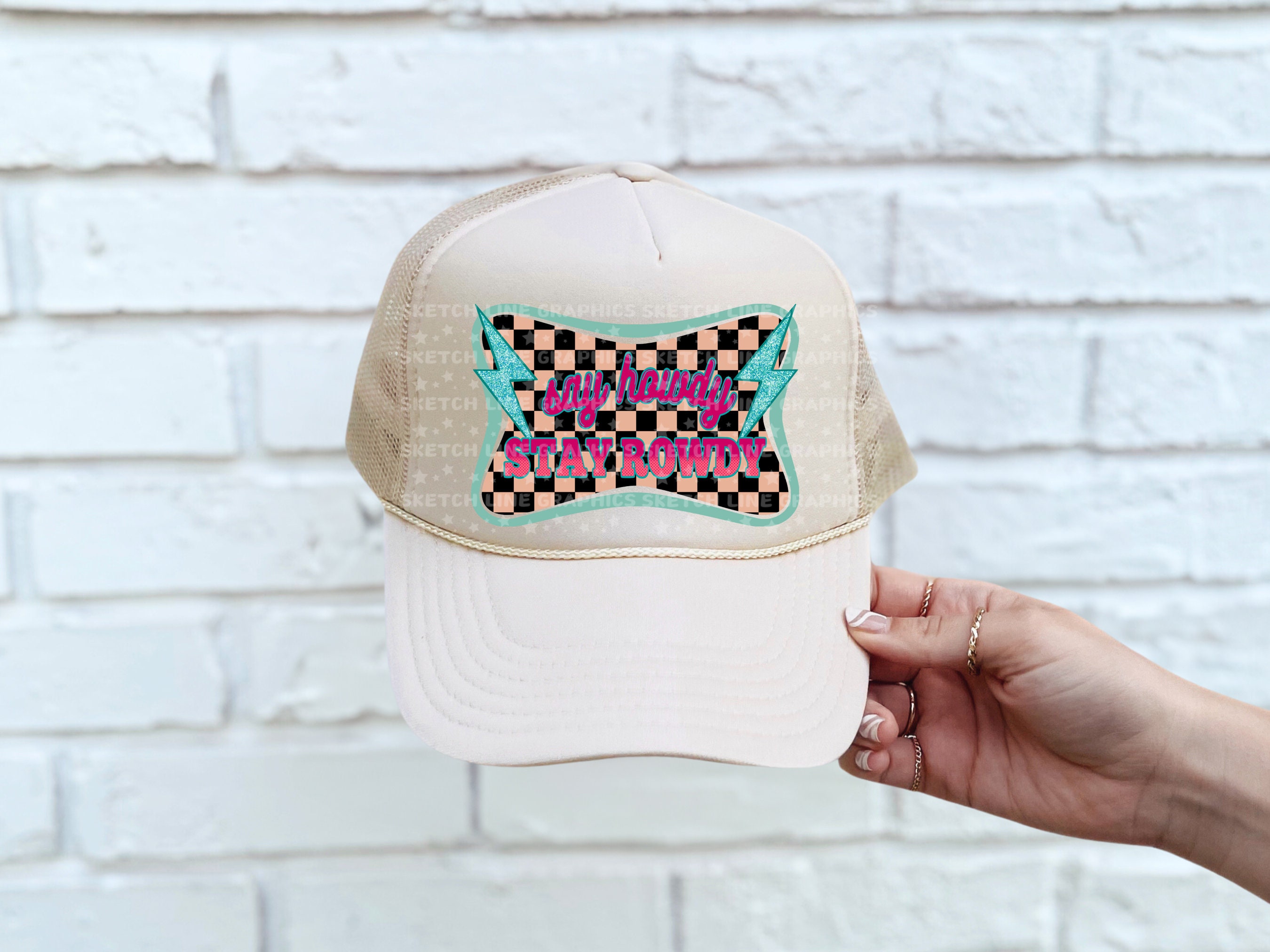 Say Howdy Stay Rowdy Patch Png Design, Checkered Trucker Hat Patch Png ...