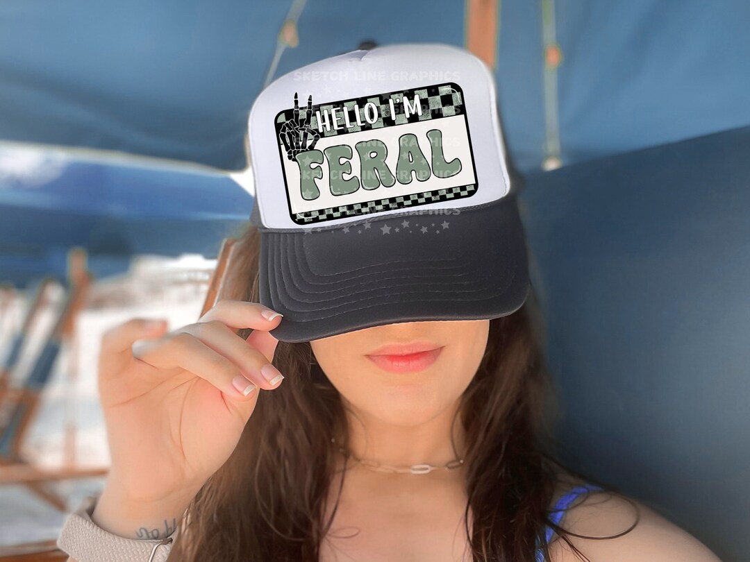Hello I'm Feral Patch Png Design, Checkered Trucker Hat Patch Png ...