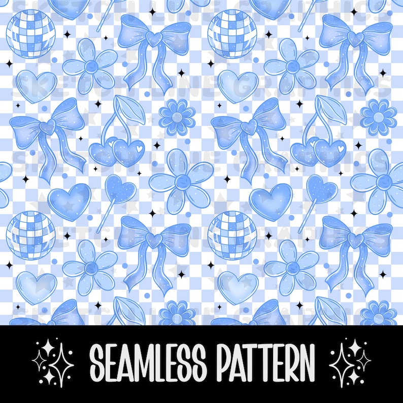 Blue Checkered Cherry Bows Seamless, Checkered Seamless, Girly Blue ...