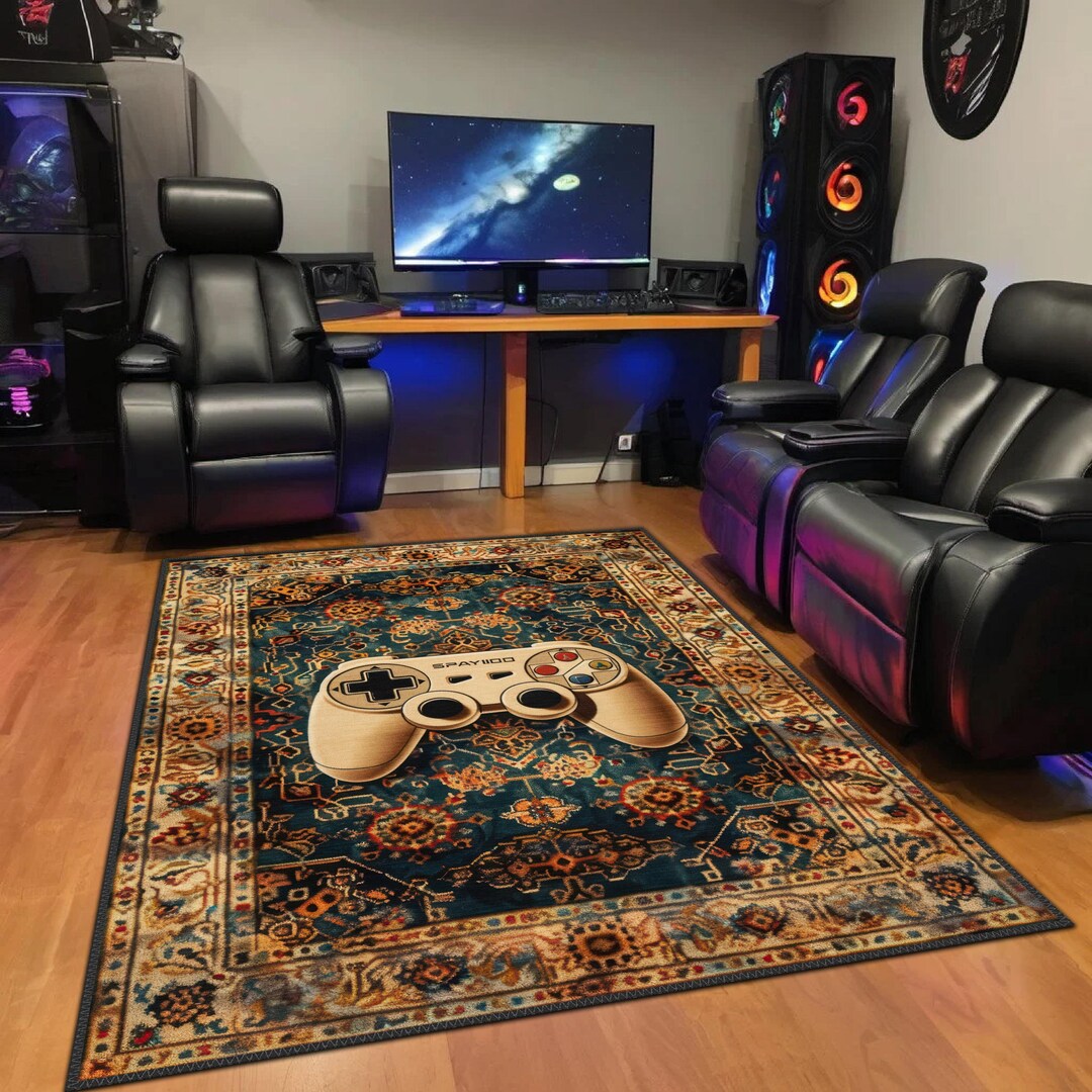 Artisan Oriental Rug With Retro Game Controller Handcrafted Carpet for ...