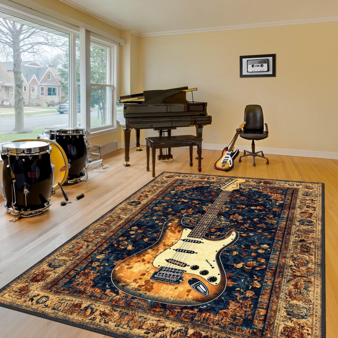 Retro Guitar Persian Style Rug, Ideal for Living Room or Studio, Boho ...