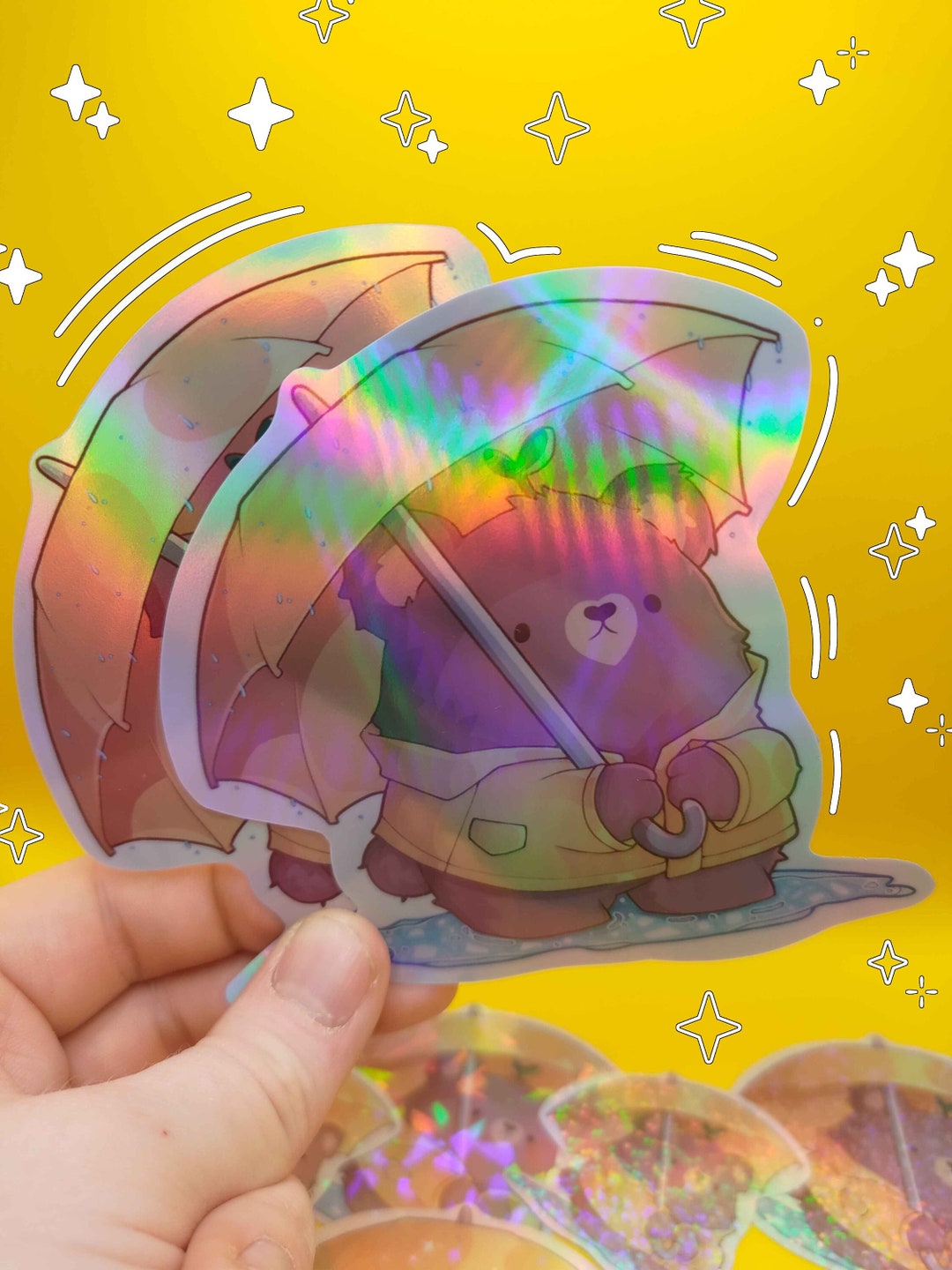 Raincoat Bear Sticker Cute Brown Bear in the Rain With Umbrella and ...