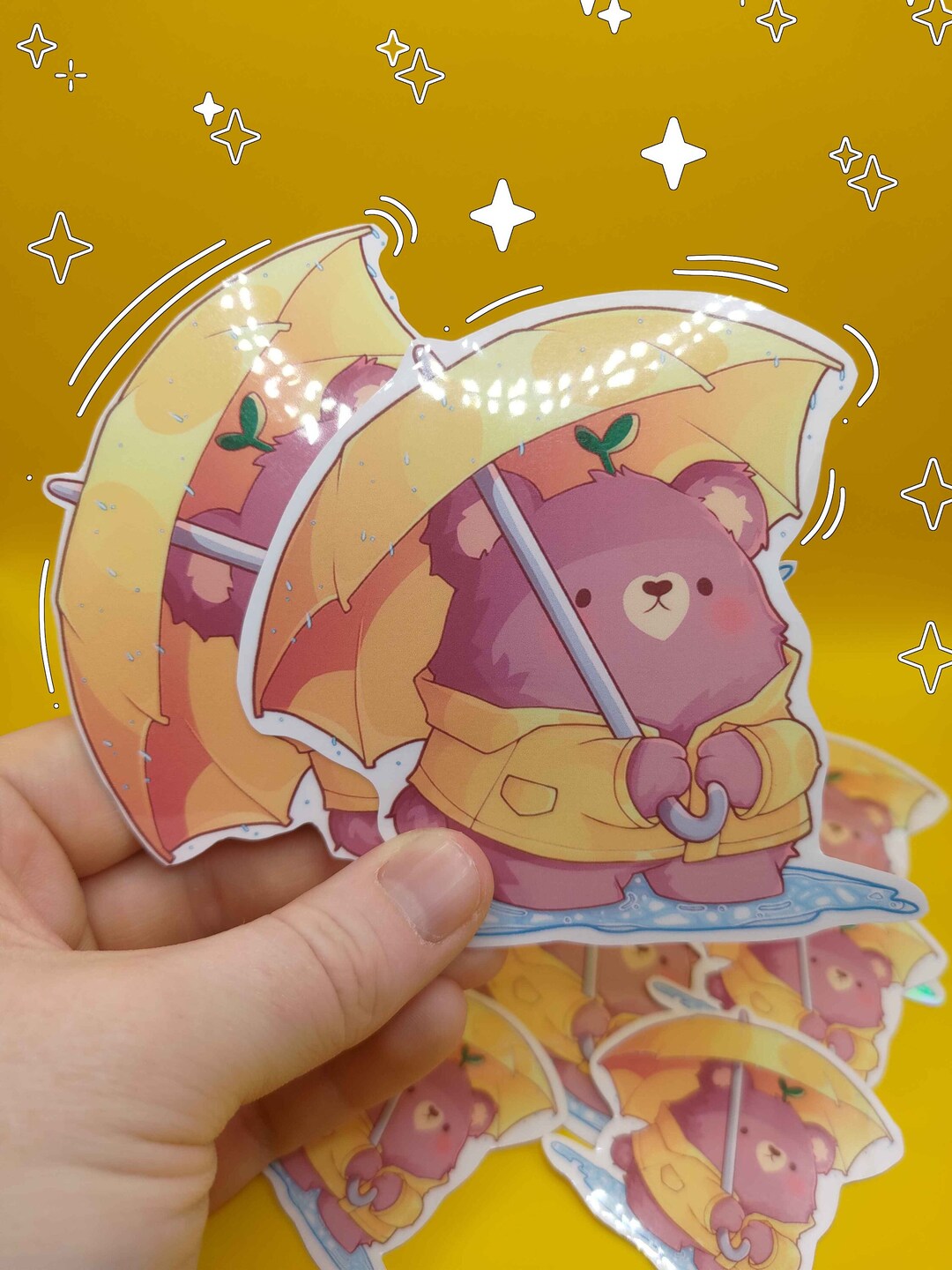 Raincoat Bear Sticker - Cute Brown Bear in the Rain With Umbrella and ...
