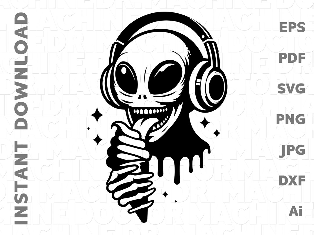 Alien #2. Alien Wearing Headphones and Eating Ice Cream. Black on White ...