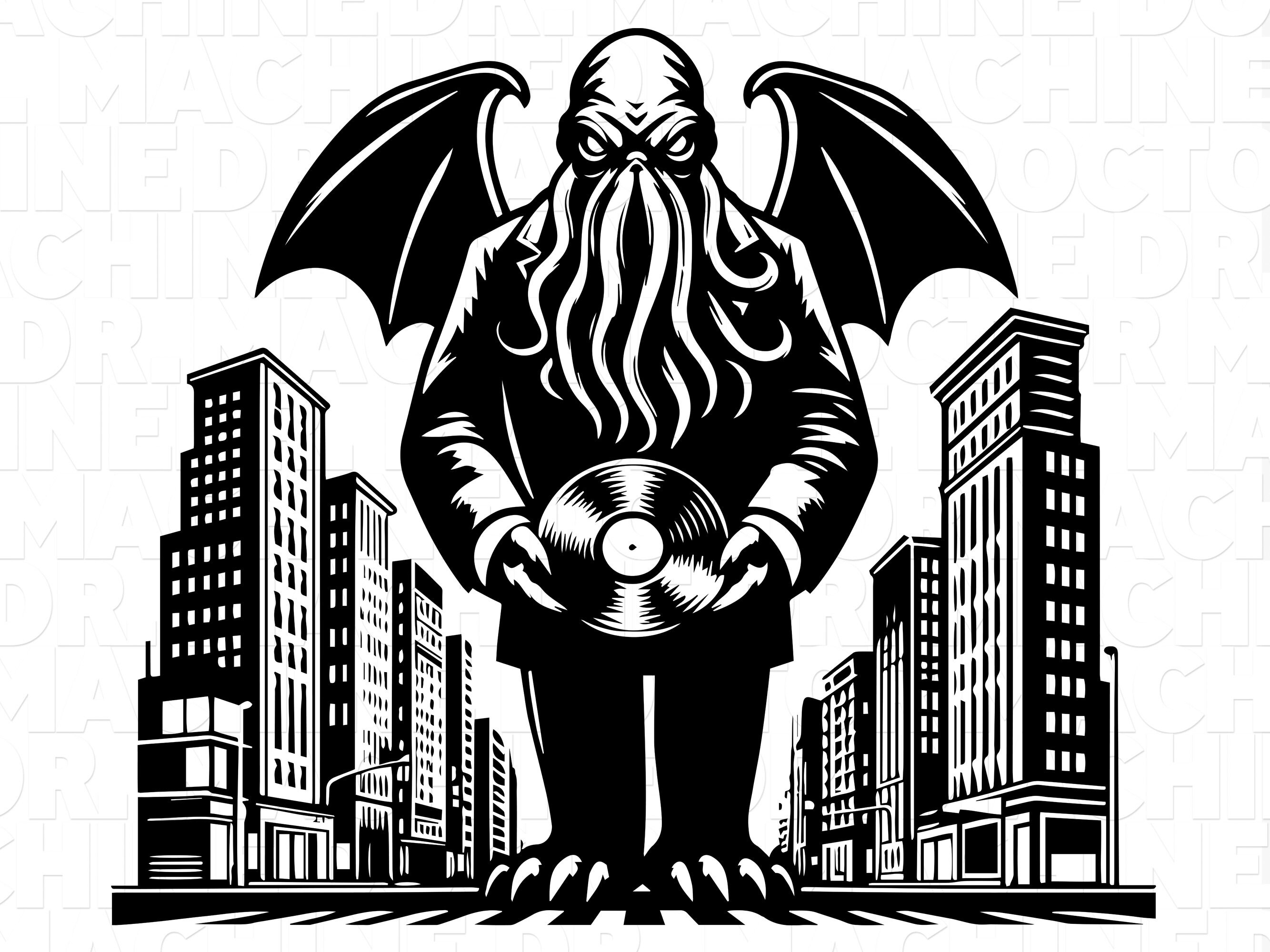 Giant Cthulhu #40 in a Suit Towering Over City Skyline Holding Vinyl ...
