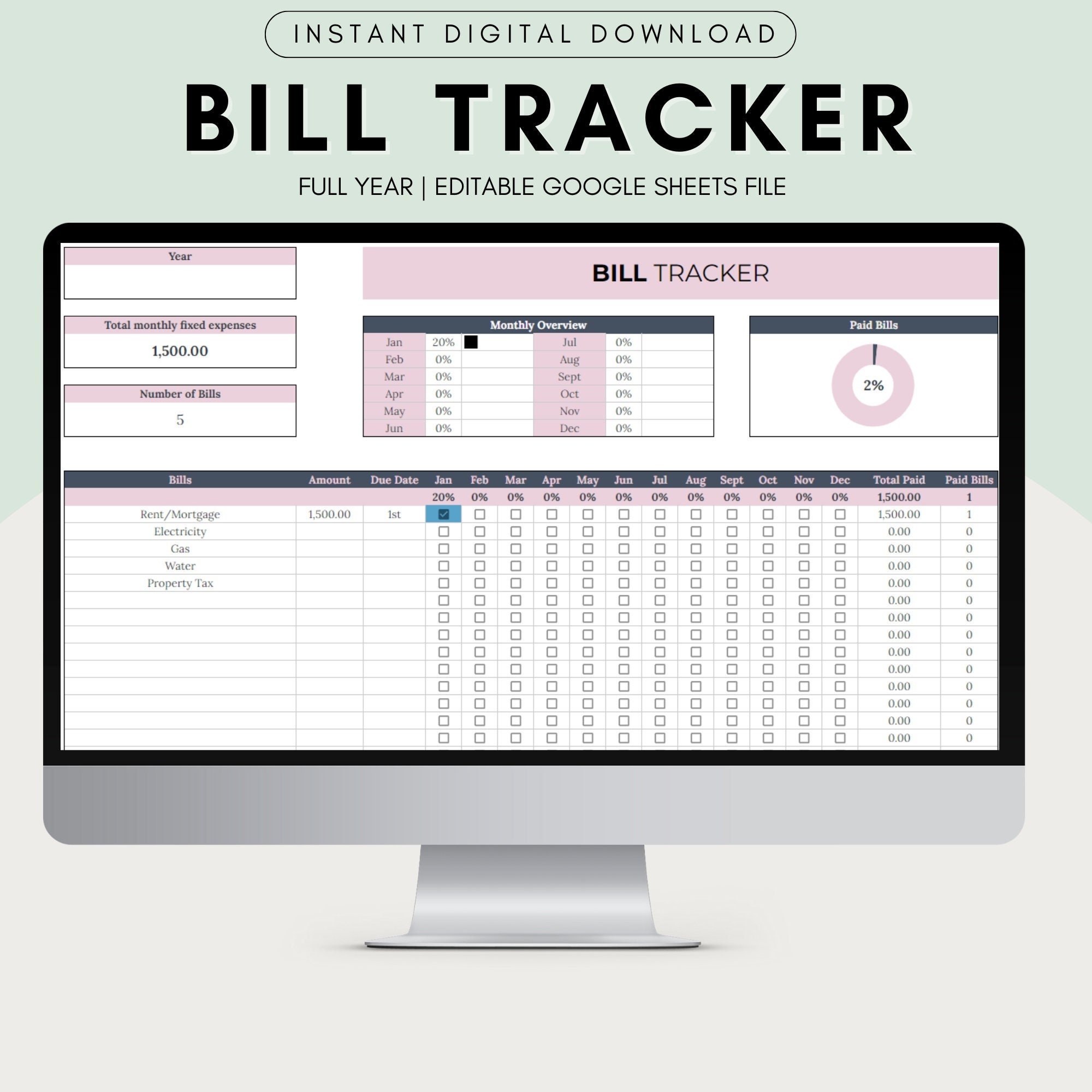Bill Tracker Google Sheets, Google Sheets Bill Calendar, Monthly Bill ...