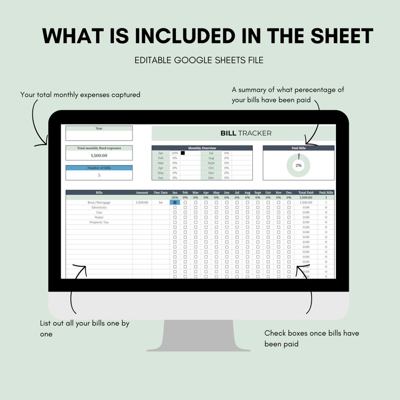 Bill Tracker Google Sheets, Google Sheets Bill Calendar, Monthly Bill Planner, Bill Payment ...