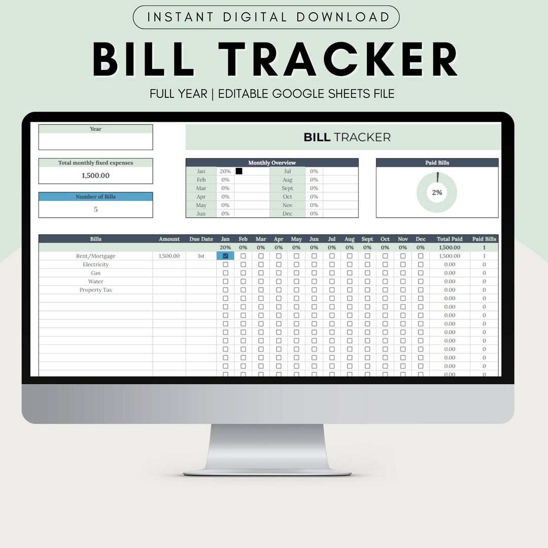 Bill Tracker Google Sheets, Google Sheets Bill Calendar, Monthly Bill ...