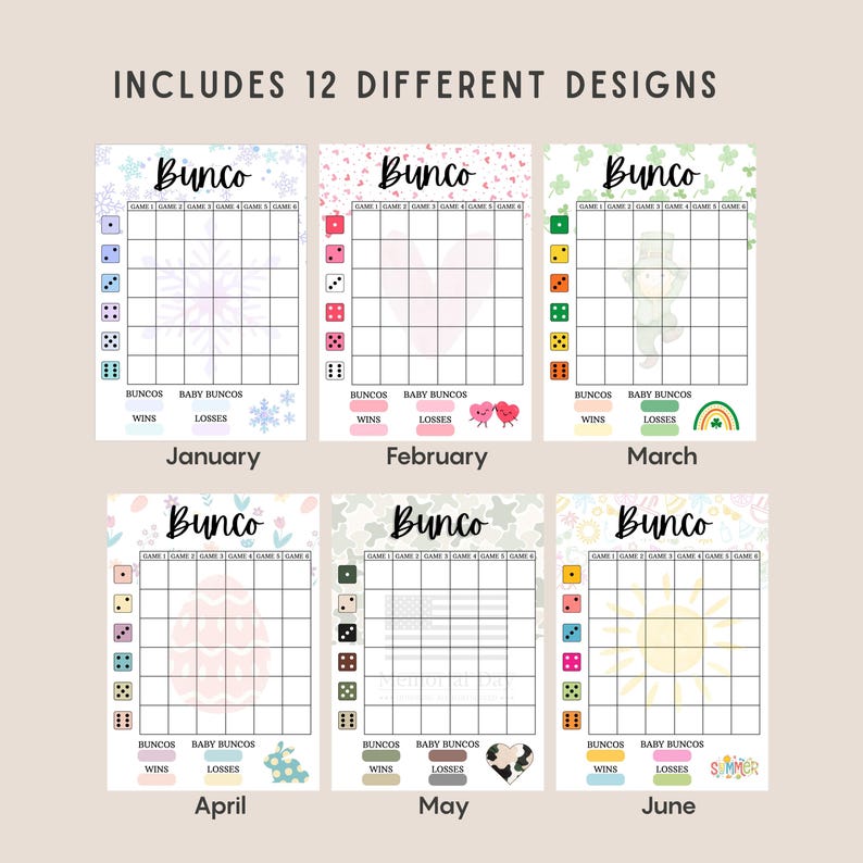 Printable Bunco Score Sheets: 12 Designs for Monthly Bunco Night (PDF ...