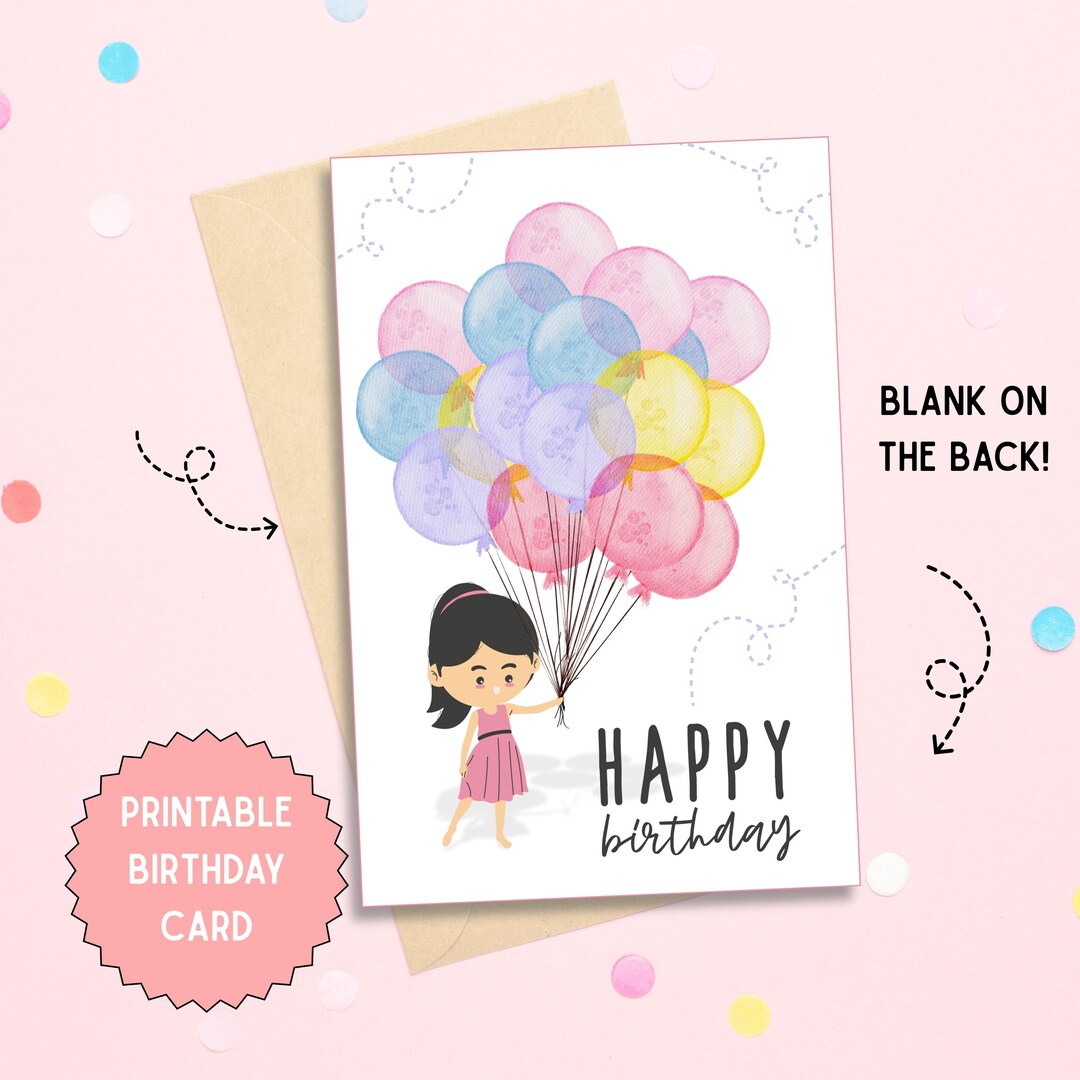 Pink Balloon Birthday Card for Girls (printable PDF & JPG File) - Etsy