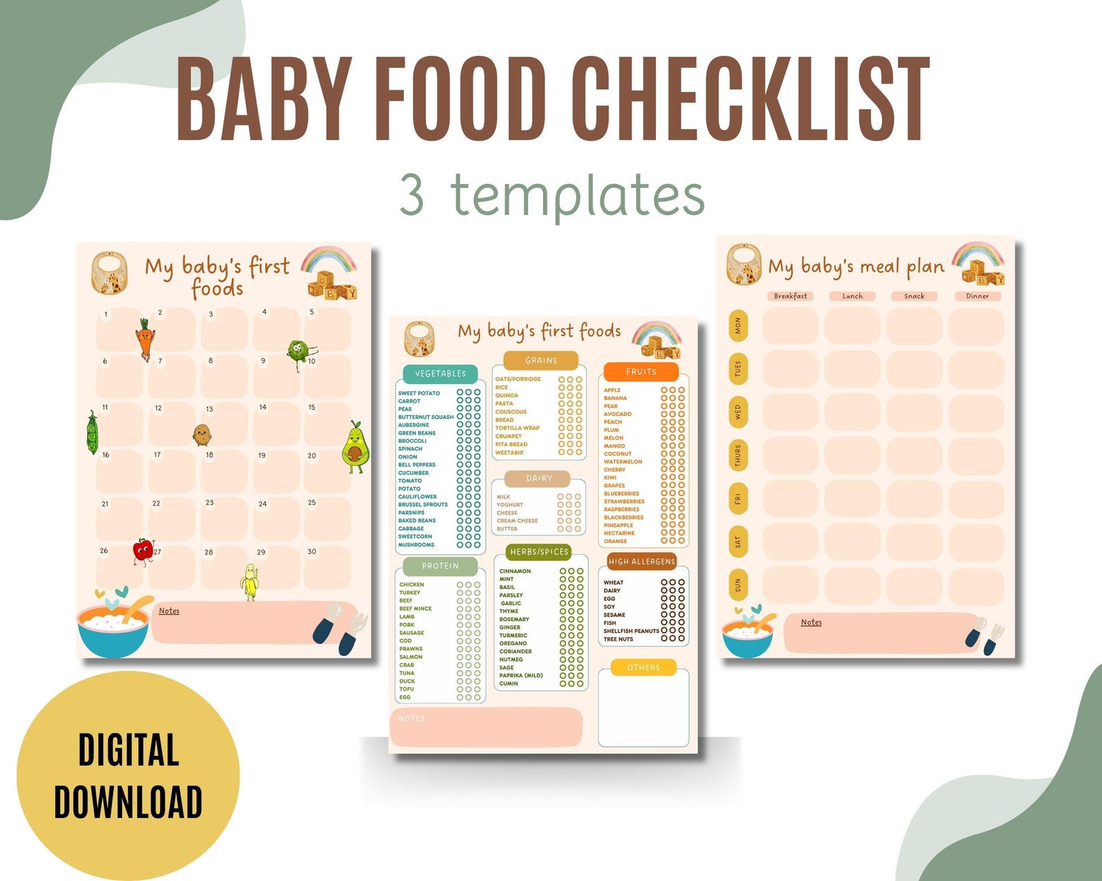 Baby First Food, Baby Food Tracker, Solids Tracker, Printable Food ...