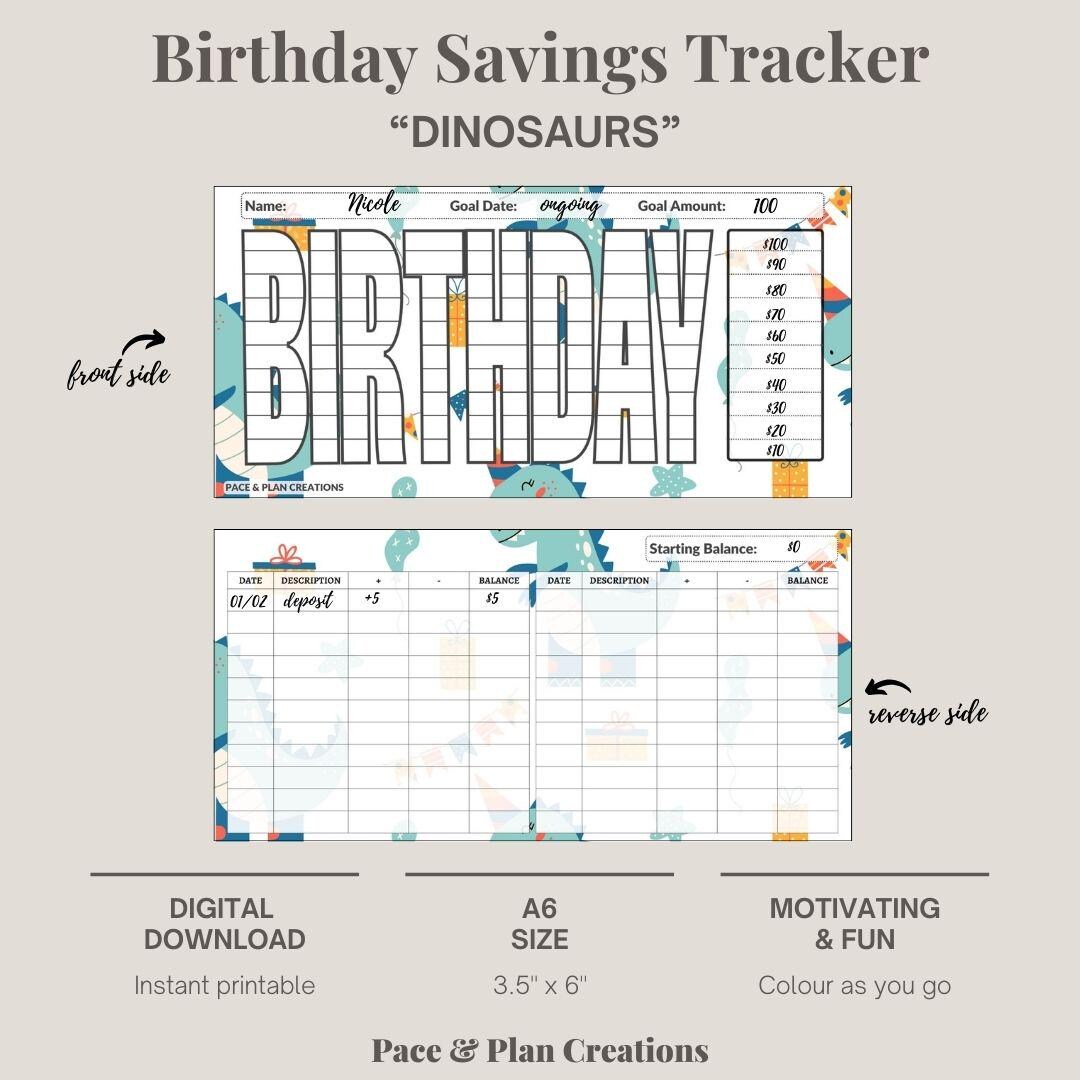 Birthday Savings Tracker DINOSAURS Digital Download - Etsy