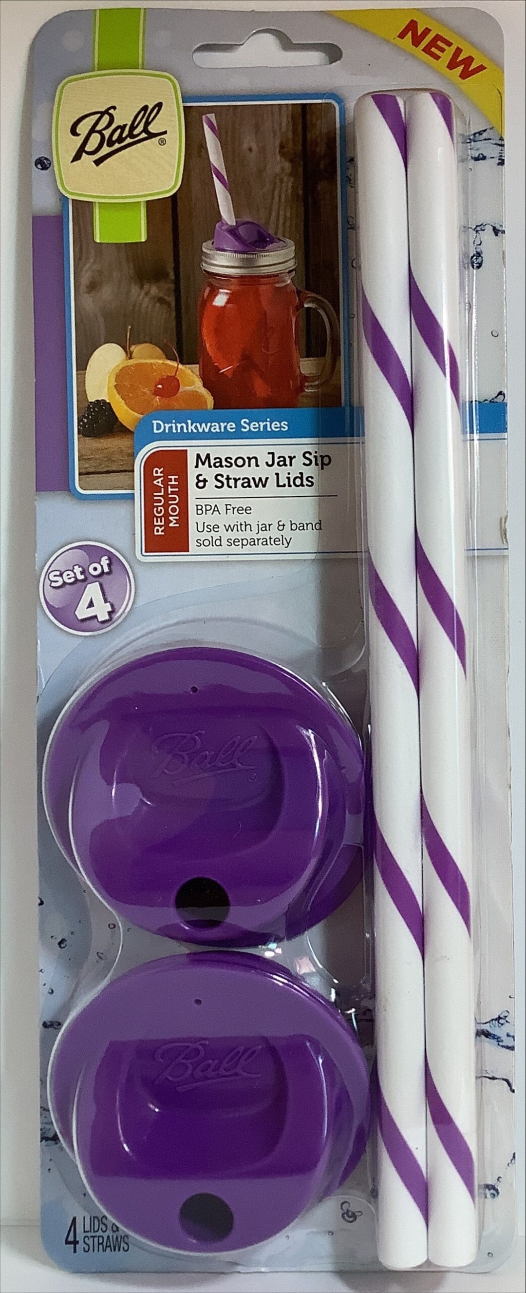 SIP & STRAW LIDS for Regular Mouth Mason Jars Purple– 4pk Brand: Ball ...