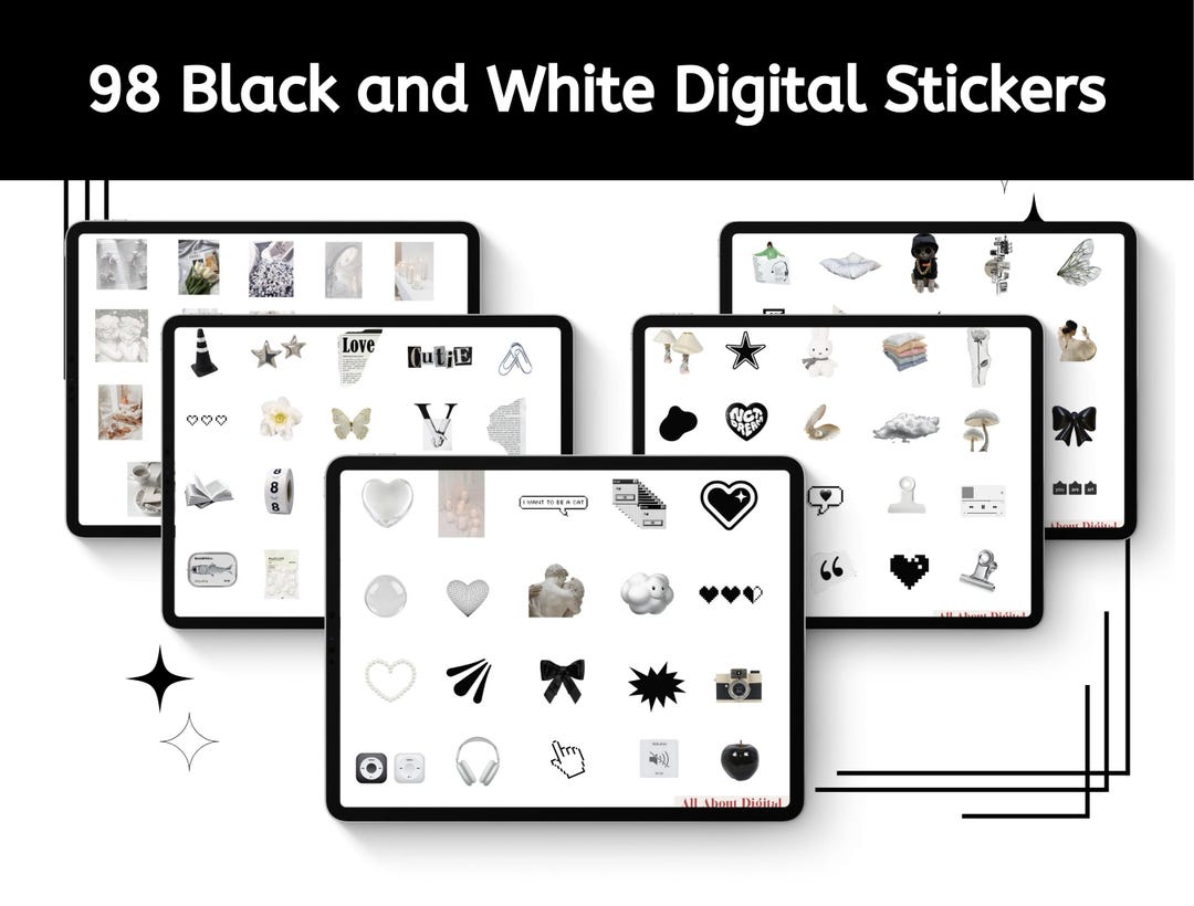 98 Black and White Digital Stickerssticker Pack, Journal Note Sticker ...
