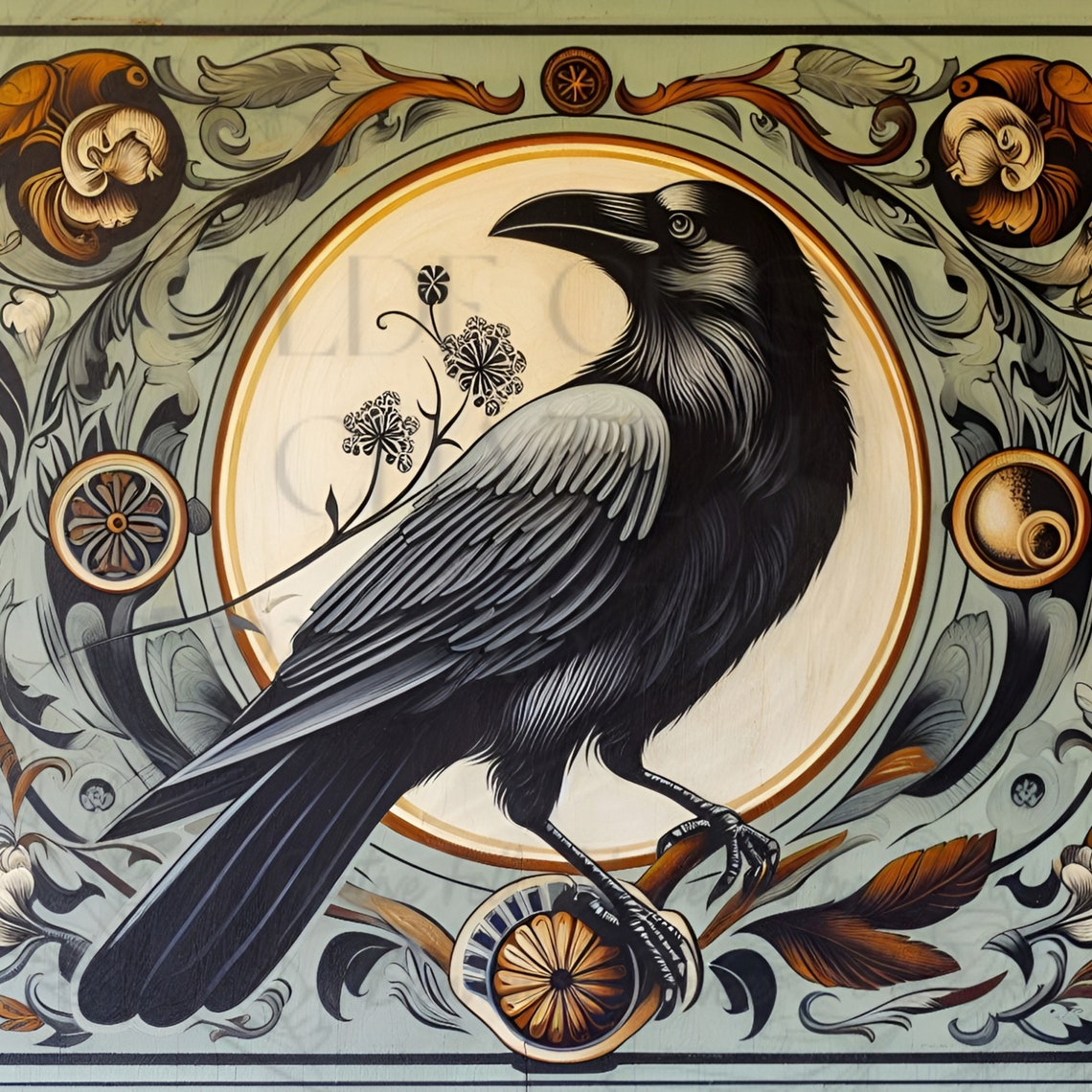 Early American Style Folk Art Digital Painting of a Crow, 2 VERSIONS ...
