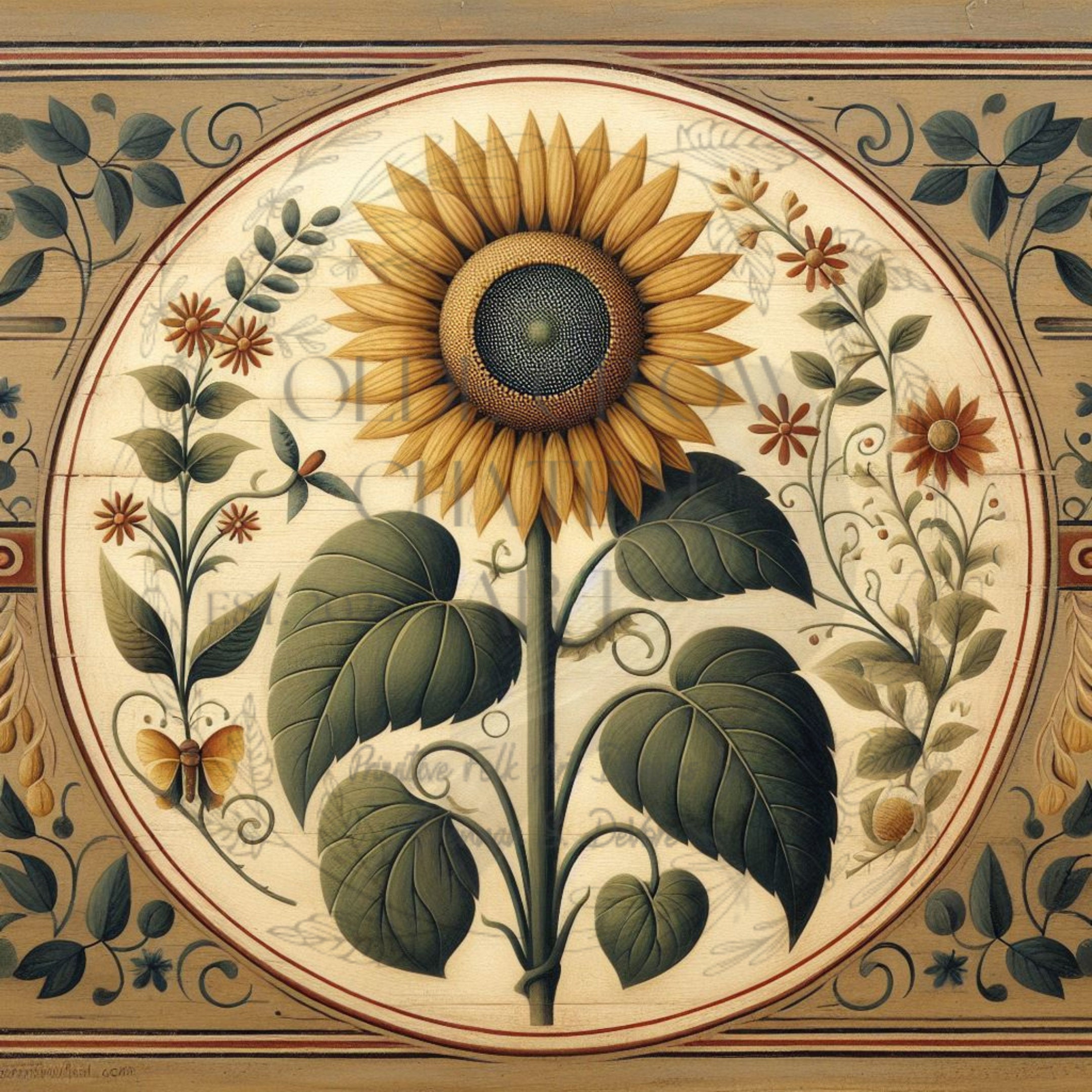Early American Style Folk Art Digital Painting of Sunflower, Colonial ...