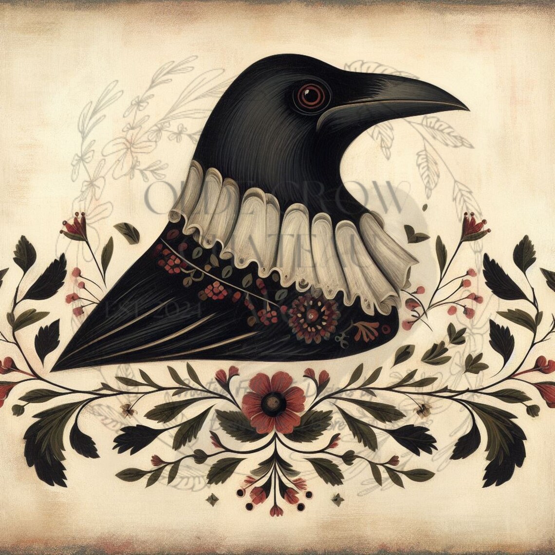 Early American Style Folk Art Digital Painting of Elegant Colonial Crow ...