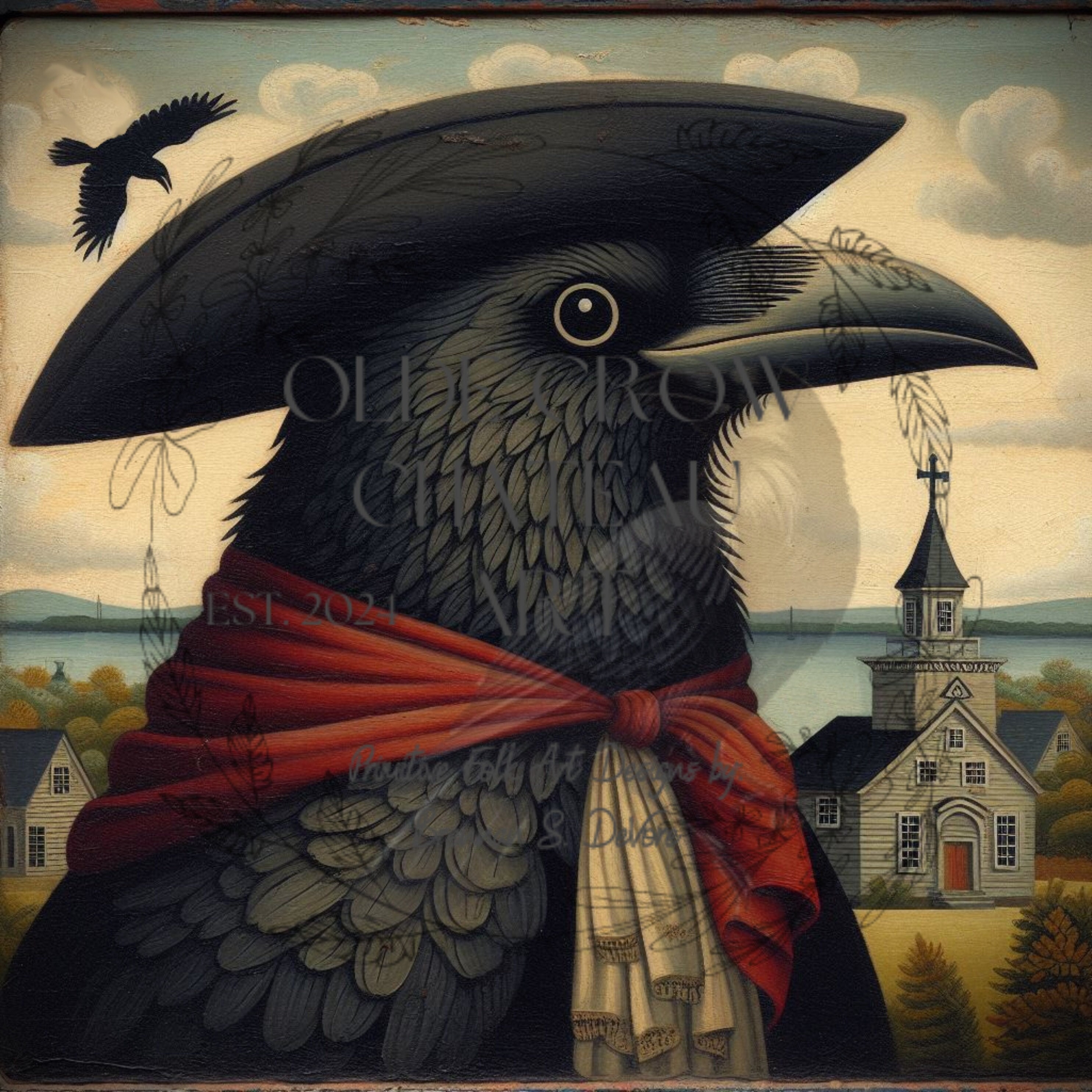 Early American Style Folk Art Digital Painting of Crow in Colonial ...