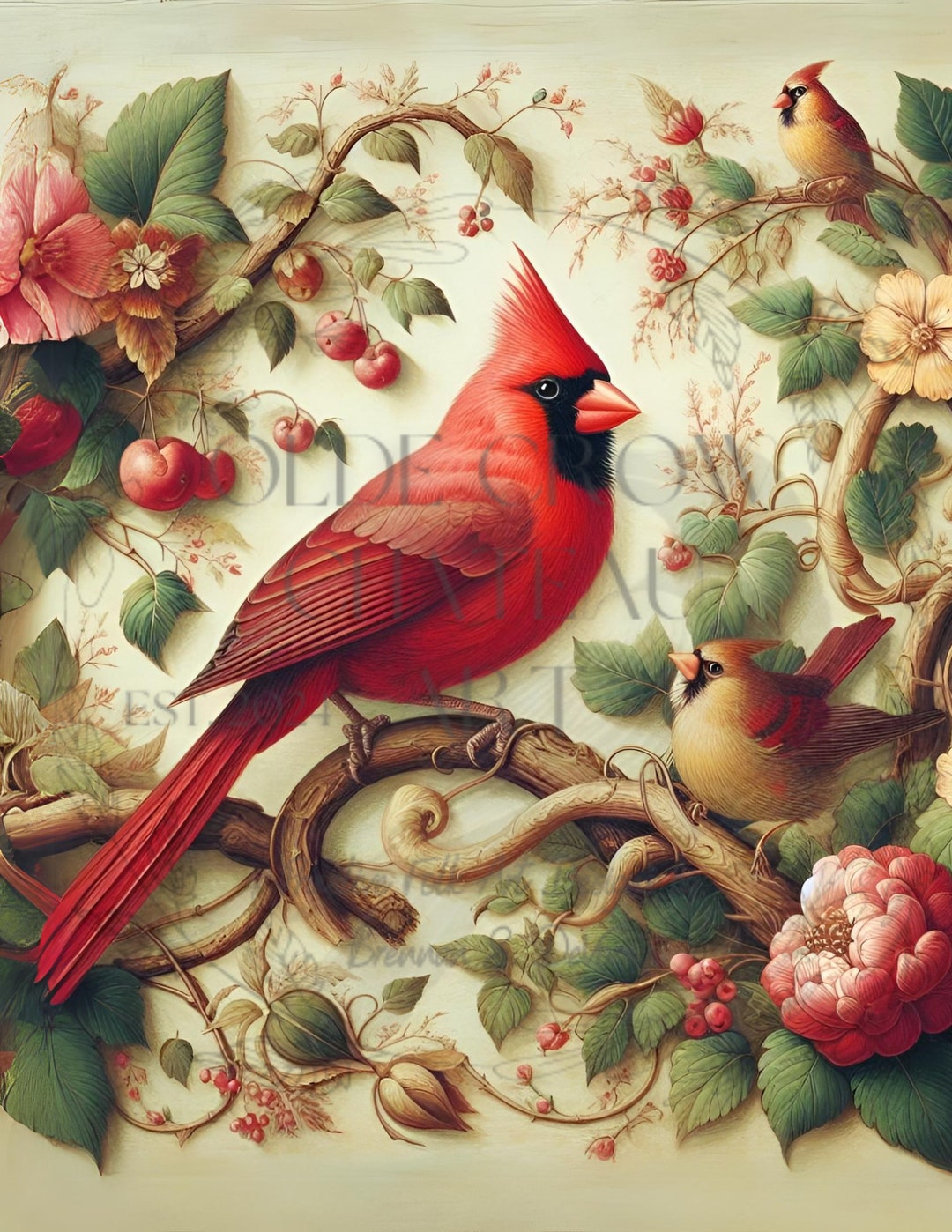 Early American Colonial Folk Art Digital Painting of Cardinal, Portrait ...