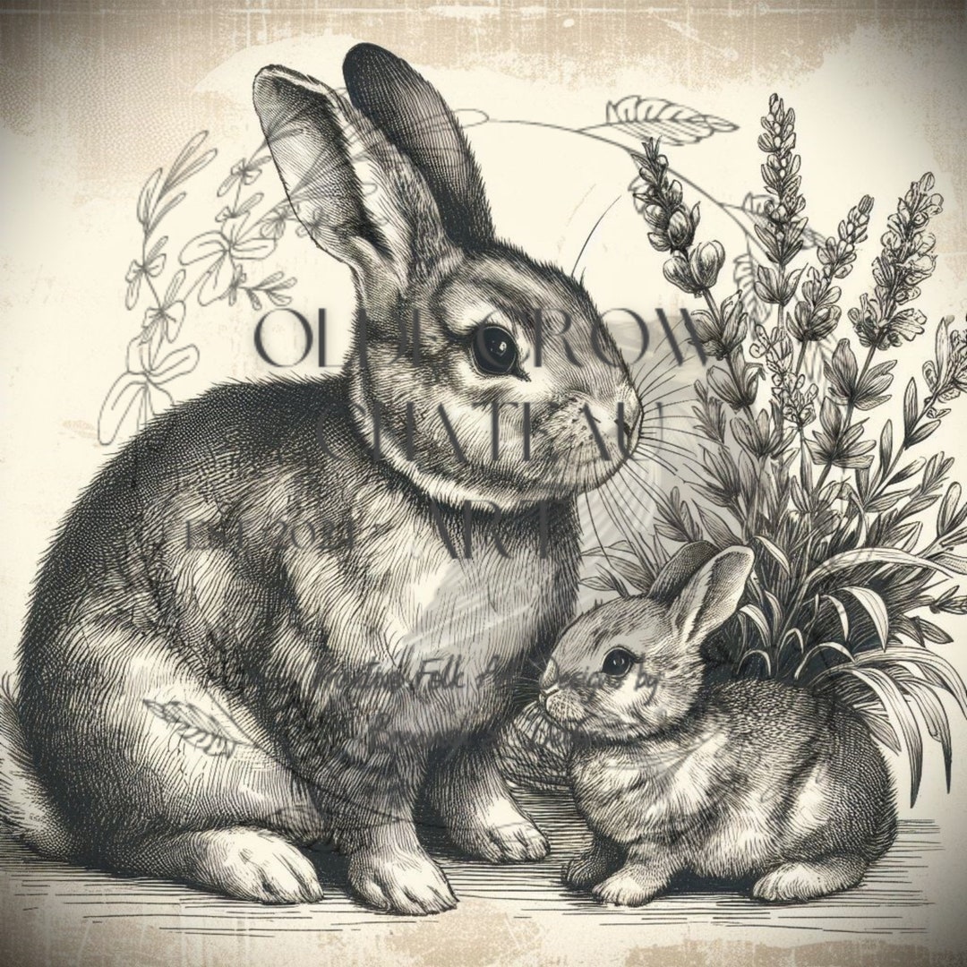 Digital Sketch of Bunny and Mother Rabbit, 1:1 Portrait Style Digital ...