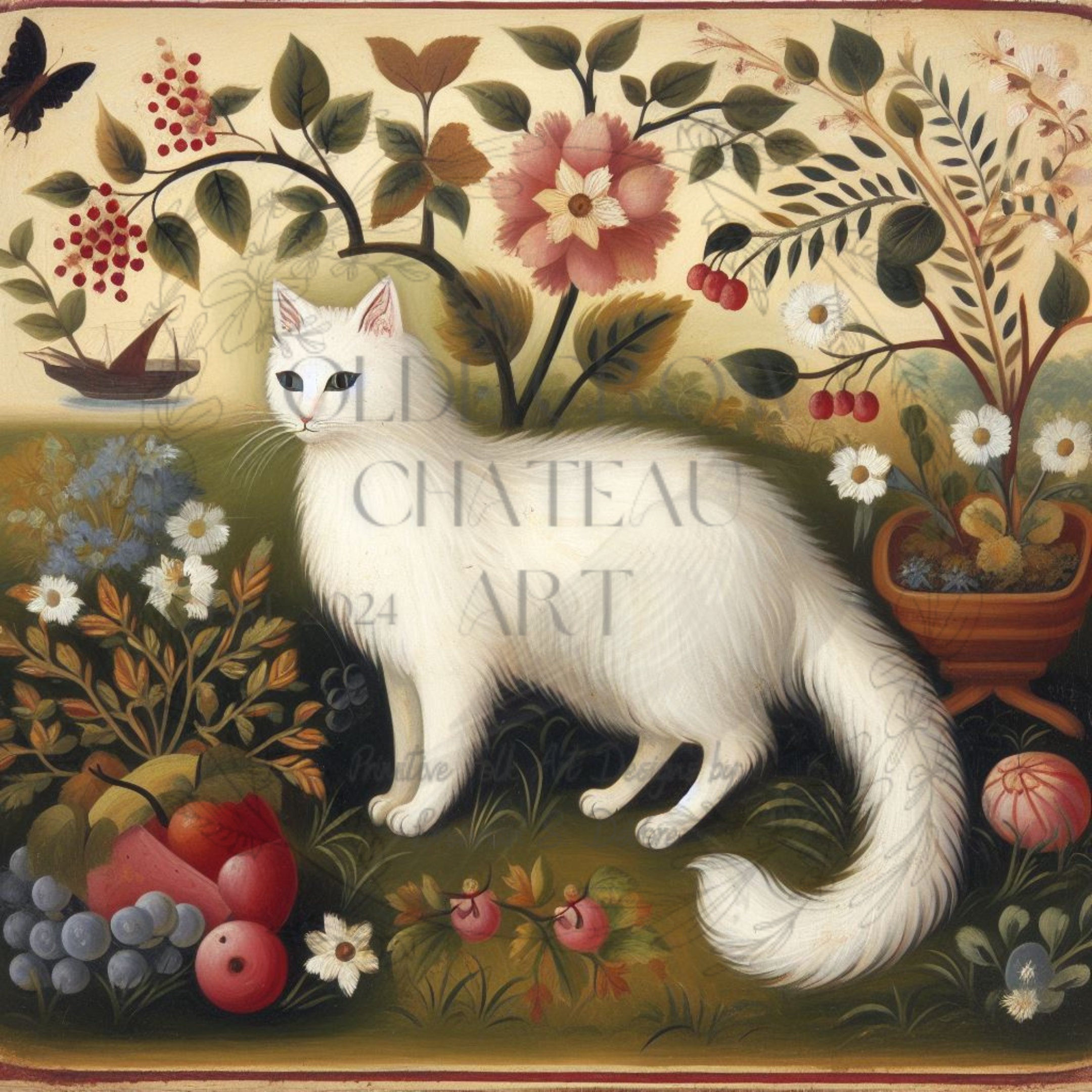 Early American Style Folk Art Digital Painting of a White Cat, 1:1 ...