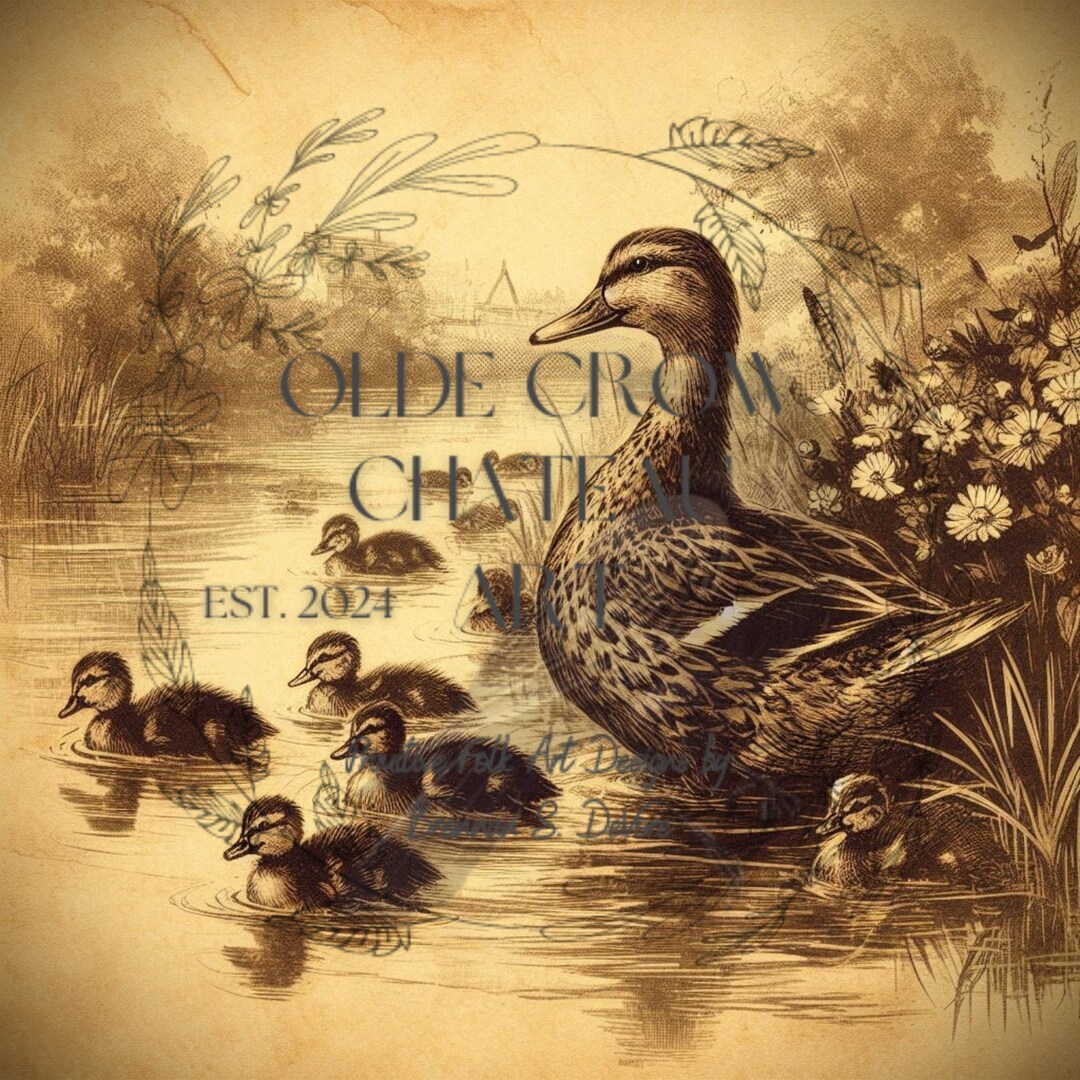 Digital Sketch of a Mother Duck and Flock of Chicks, 1:1 Portrait Style ...