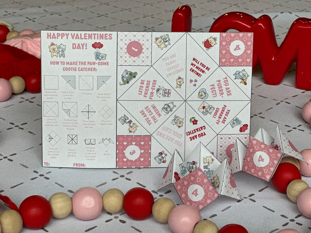 Kitten or Cat Valentines Cootie Catcher / Fortune Teller - Etsy