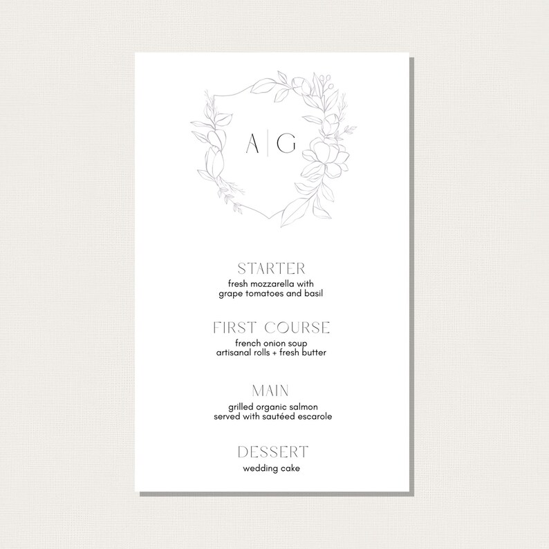 Reception Dinner Menu Timeless Floral Crest Design Printable DIY ...